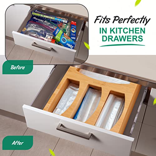 Ziplock Bag Storage Organizer - Plastic Food Storage Bag Dispenser for Kitchen Drawer or Wall Hanging - Fits VarietyBrand Gallon, Quart, Sandwich & Snack Bags - Bamboo Box Holder for Zip Lock Bags