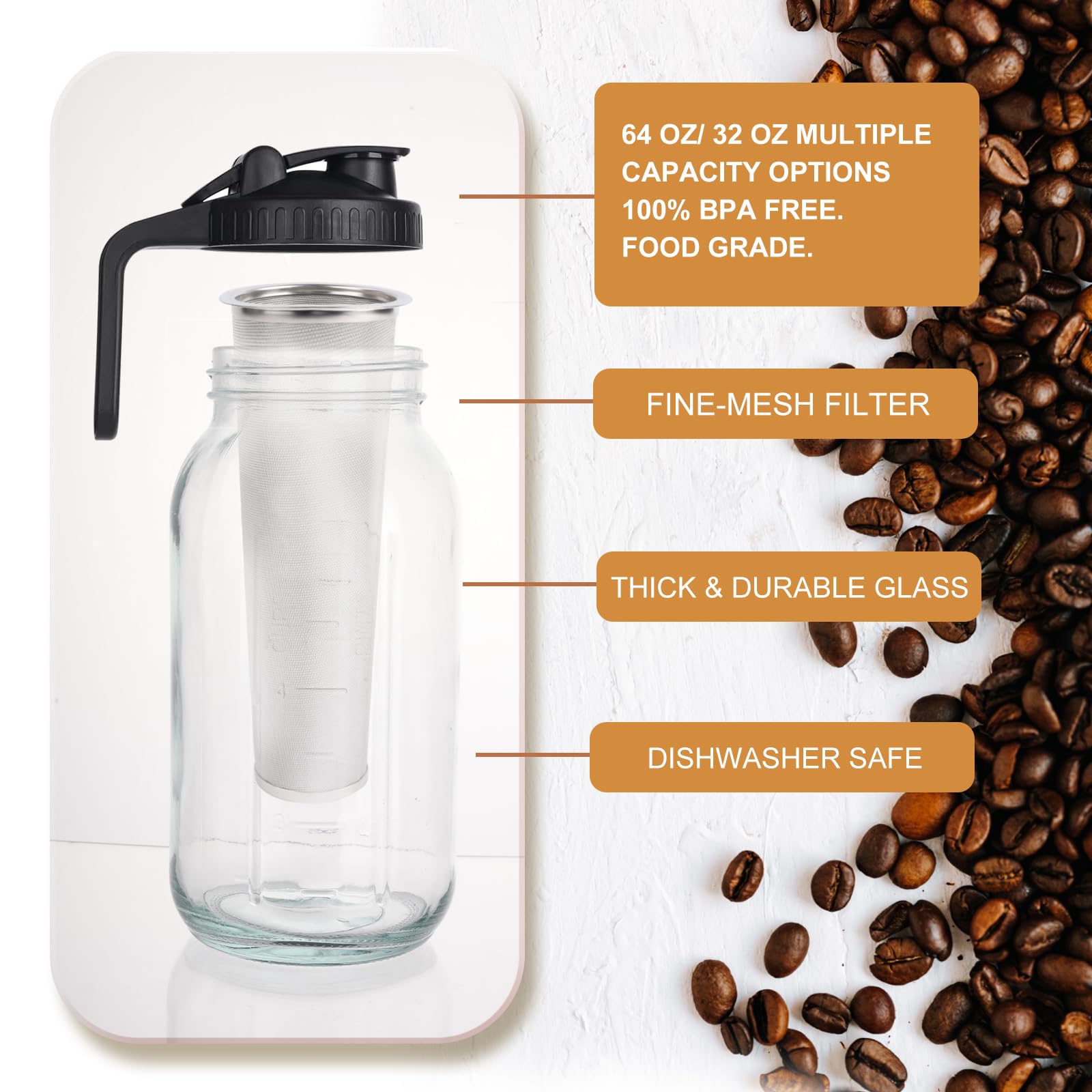 SCIDEA Cold Brew Iced Coffee Maker, 1 Quart 32oz Mason Jar Thick Durable Glass with Stainless Filter for Iced Coffee, Tea, Fruit Drinks, with Pour Spout Lid, No Leak Design