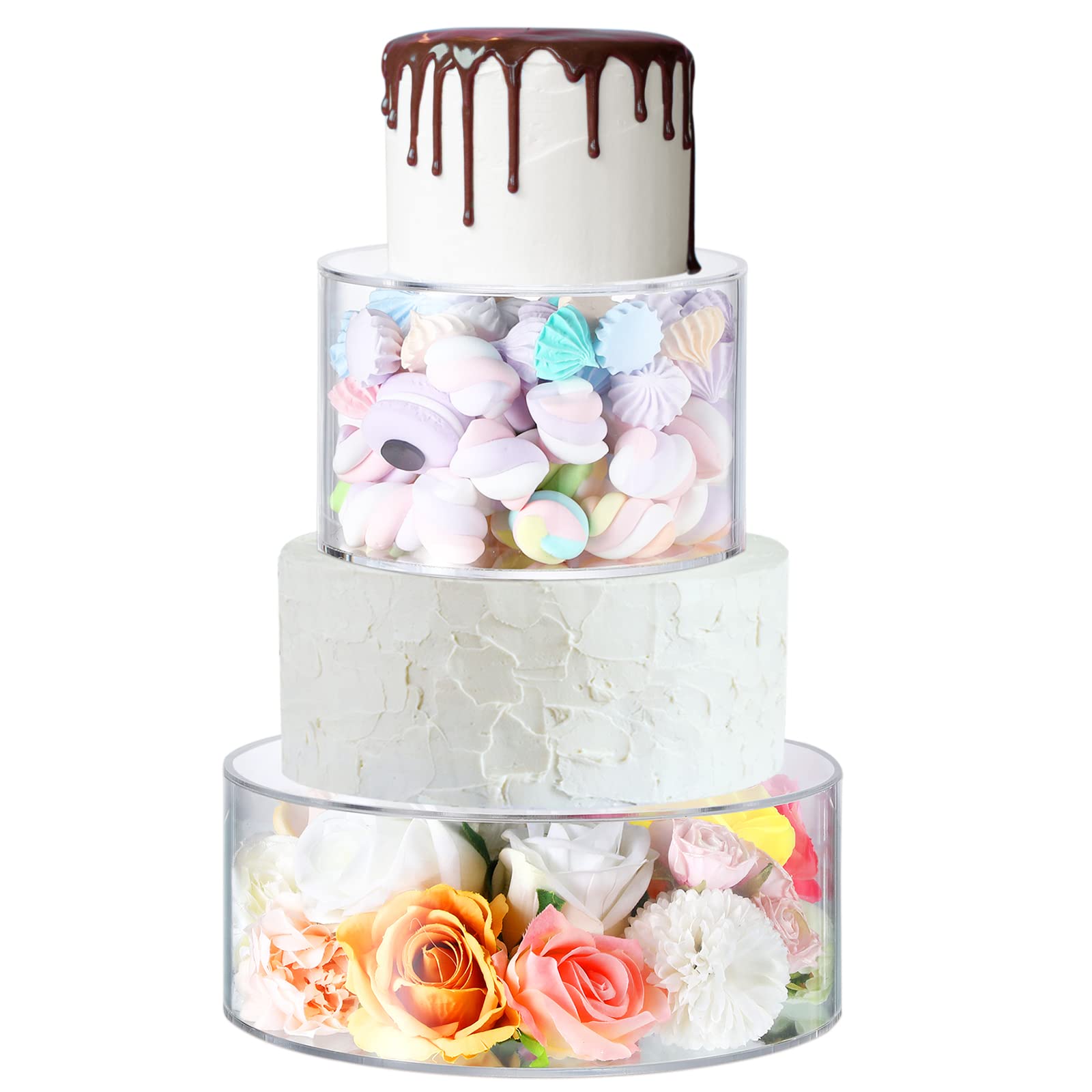 Weysat 2 Pcs Acrylic Fillable Cake Stand 7 Inch and 4.7 Inch Clear Cake Riser Round Cake Tier Decorative Cylinder Stand for Wedding Birthday Party(10''D x 4''H, 6''D x 4''H)