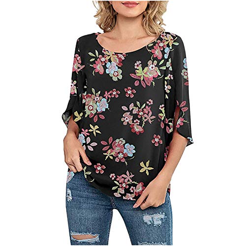 wodceeke Women's Chiffon Ice Silk Short Sleeve T-shirt Plus Size Casual Floral Print Tee Summer Basic Tops (Pink, L)