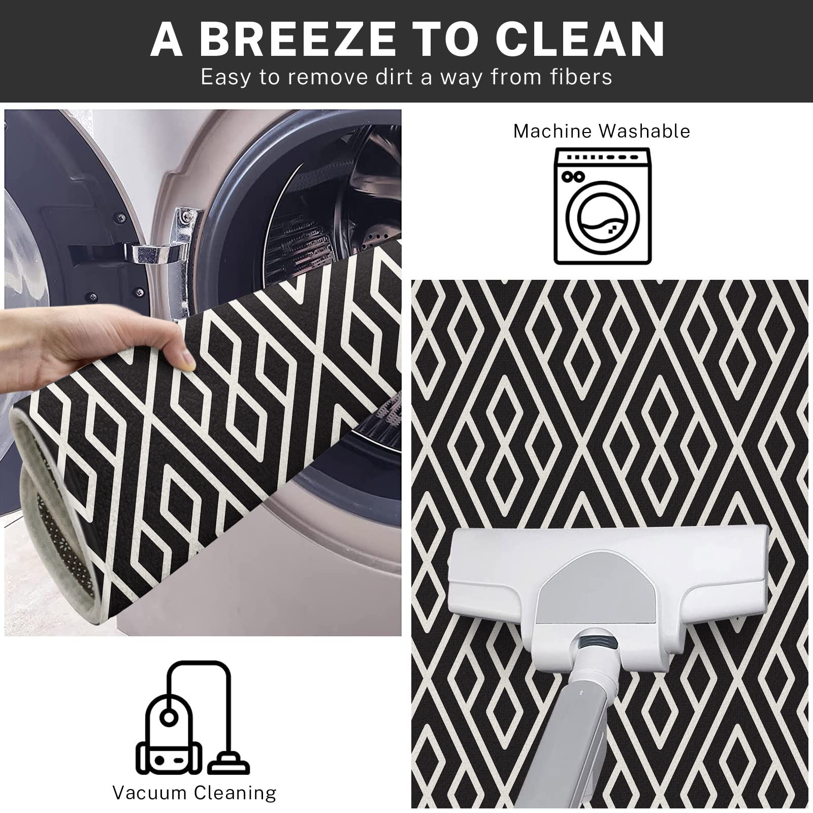 Tayney Black Geometric Kitchen Rugs and Mats Non Skid Washable Set of 2, Grid Diamond Kitchen Runner Rug, Modern Abstract Under Sink Mats for Kitchen Floor Decor