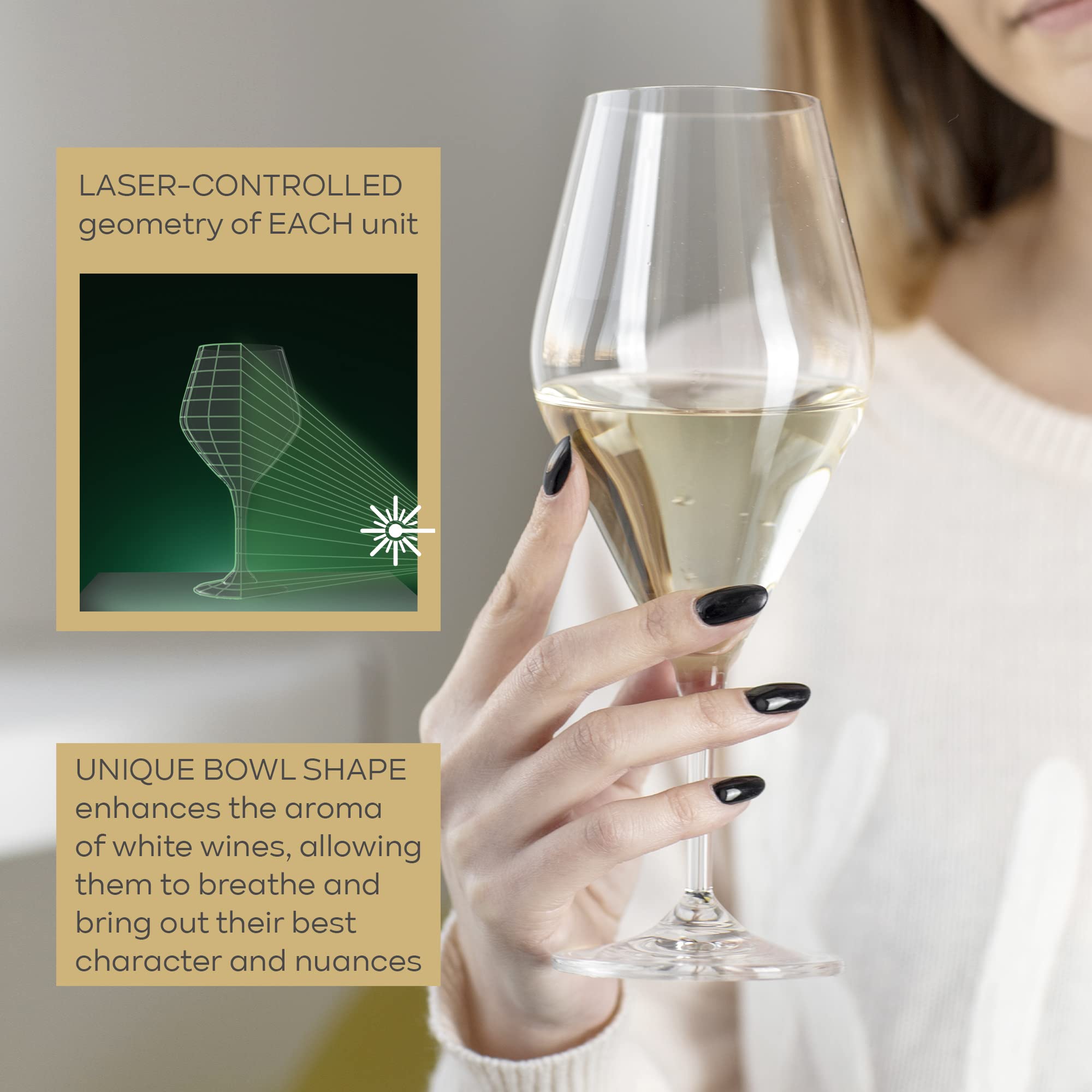 White Wine Glasses Set of 6, 16 oz, Modern Elegant, True Czech Lead-free Durable Crystal Wine Glass