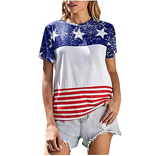 wodceeke Women's short-sleeved round neck T-shirt American flag stitching printed Tee casual loose Independence Day tops (Dark Blue,XL)