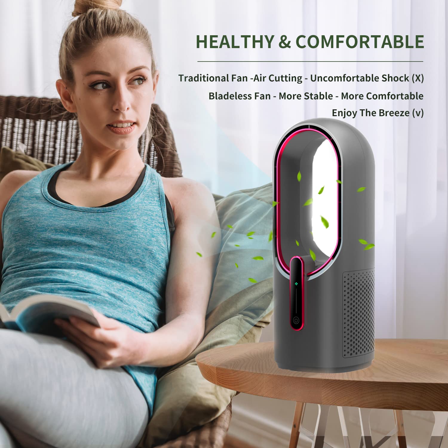 Misby Desk Fan, Bladeless Desk Fan with 3-Speed Options, Quiet Cooling, Touch Control Personal Fan for Desk Home, Office, Bedroom (Grey)