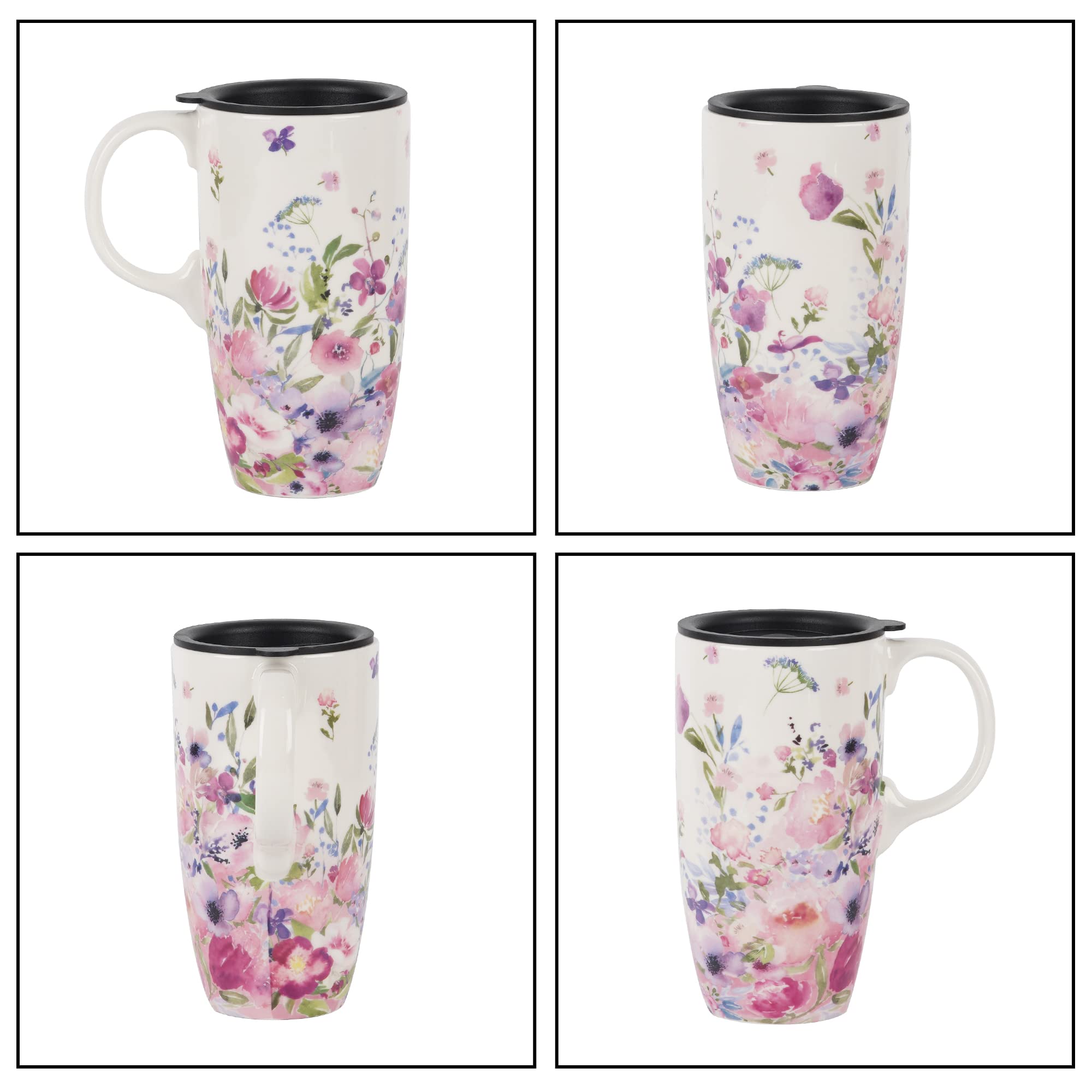 Topadorn Ceramic Coffee Mug Travel Cup Gift with Lid 17oz, Porcelain Tall Tea Cup with Handle for Home & Office, White & Pink Flower Art Pattern Mug in Gift Box, 6.5''H