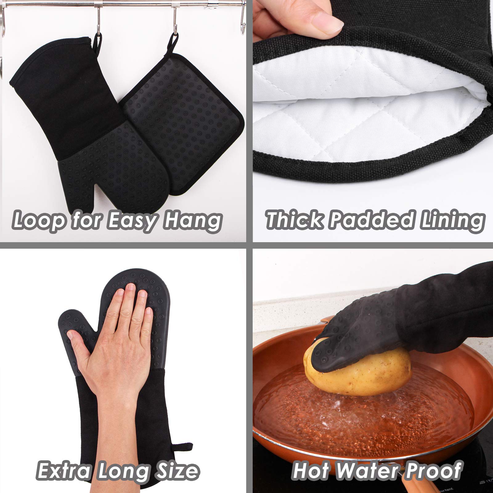 Webake Oven Mitts and Pot Holders Set of 4, 2 pcs Long Silicone Baking Oven Gloves and 2 pcs Silicone Hot Pads with Pocket for Oven Baking