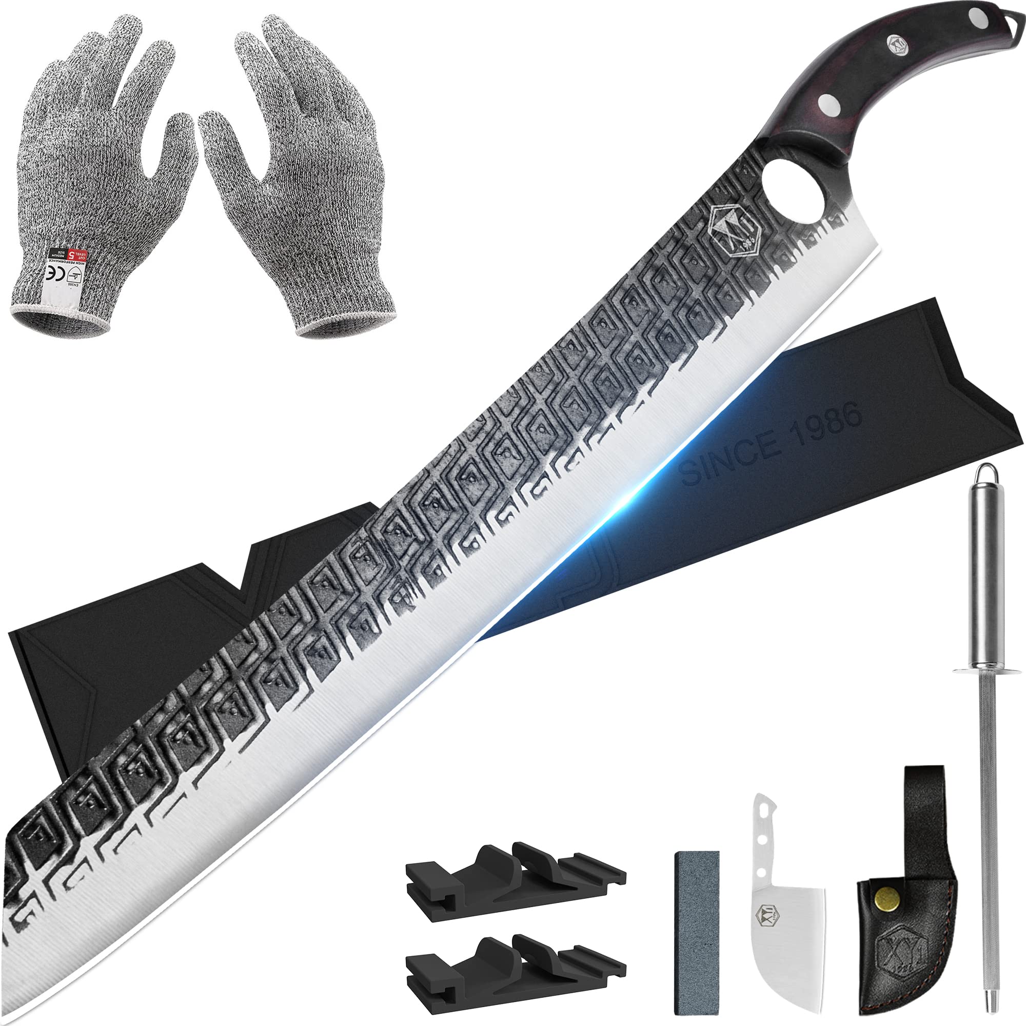 XYJ Japanese Chef Knife With Knife Guards Protector,Sharpener Rod,Carving Brisket Knives,Camping Butcher Kitchen Knives,Curved Full Tang (14.5 Inch)