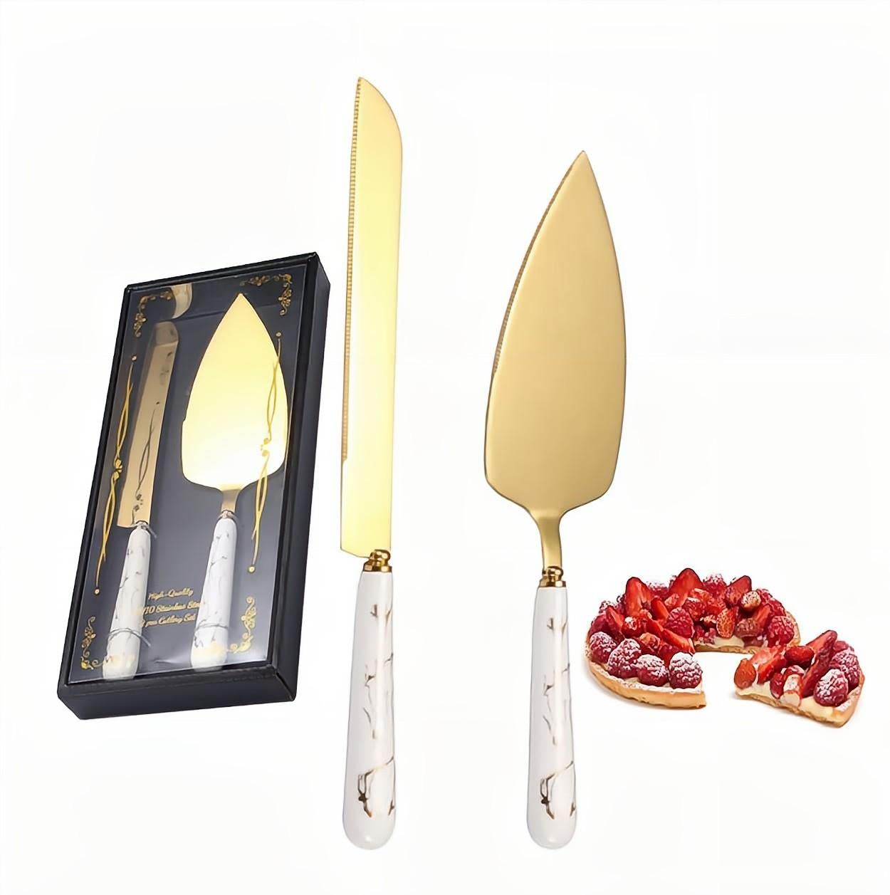 Wedding Cake Knife Shovel Server Set Silverware Stainless Steel Ceramic Handle Wedding Party Thanksgiving Christmas (White)