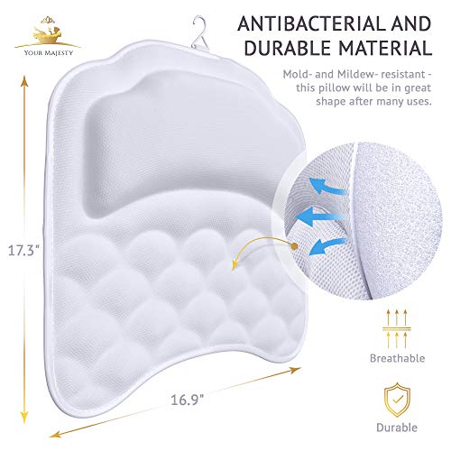 Premium Bathtub Pillow with Storage Bag [10 Extra Large Suction Cups] Bath Pillow for Neck and Head Support, Washable Bag Included