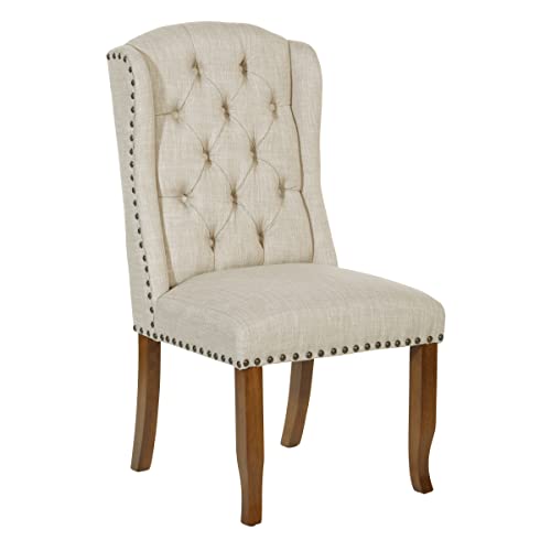 OSP Home Furnishings Jessica Button Tufted Wingback Upholstered Dining Chair with Wood Legs, Linen Fabric