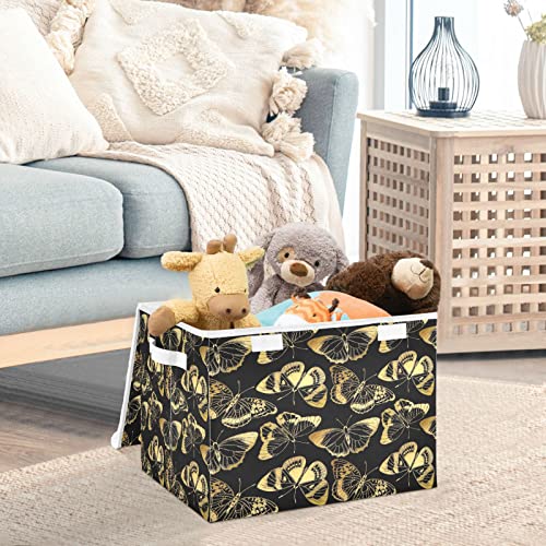 SDMKA Beautiful Gold Butterflies Storage Bins with Lids Foldable Storage Cube Boxes Fabric Storage Organizer Basket for Home, Bedroom, Office, Closet (16.5x12.6x11.8)