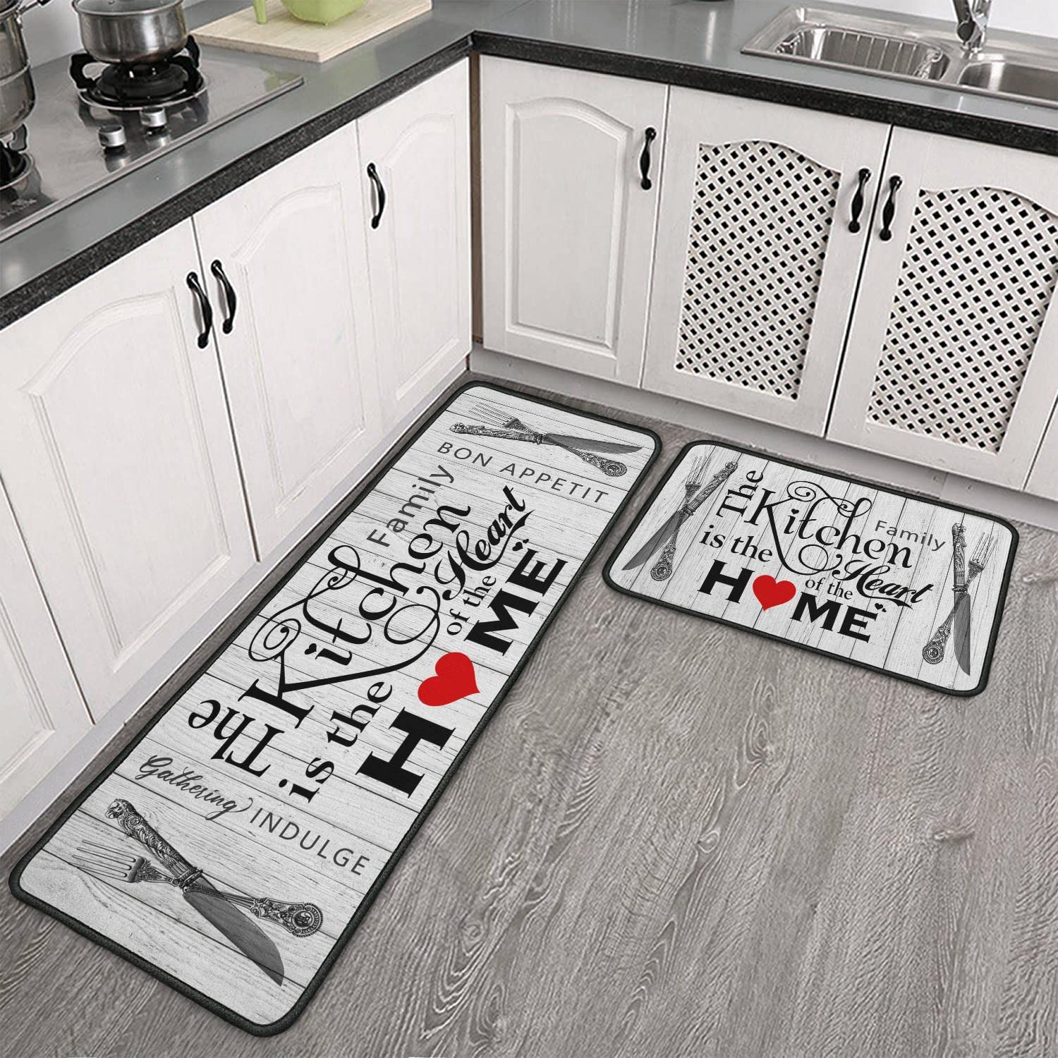Sunopas Farmhouse Kitchen Rug 2 Pieces Set, Washable Non-Slip Kitchen Sink Rustic Decor Carpet, Home Water Absorb Microfiber Cushioned Kitchen Floor Standing Mats 17"x47"+17"x30"