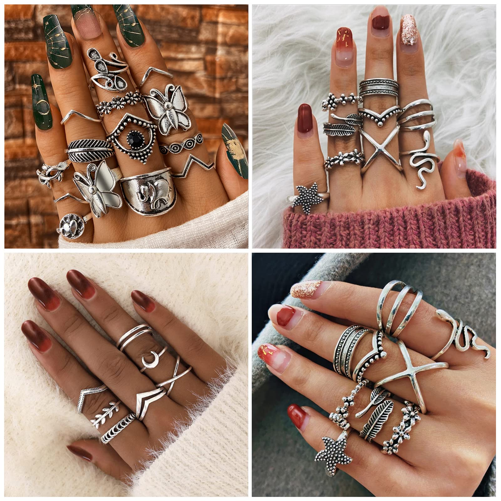 YEEZII 78 PCS Vintage Silver Knuckle Rings Set for Women, Bohemian Stackable Joint Finger Midi Rings, Boho Butterfly Snake Crystal Stacking Rings Pack for Gift