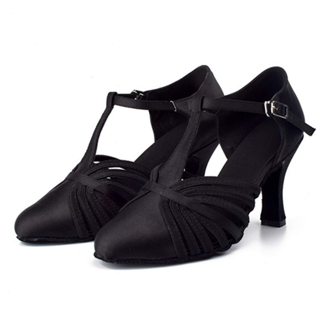 TDA Women's 1270 Fashion Comfort T-Strap Closed Toe Black Satin Salsa Tango Ballroom Latin Modern Dance Wedding Shoes 8 M US