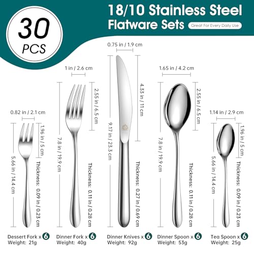 vancasso 30-Piece Silverware Set Service for 6, 18/10 Stainless Steel Flatware Cutlery Set Include Knives/Spoons/Forks, Gift Box & Mirror Polished, Heavy Silverware Set for Home, Kitchen & Restaurant