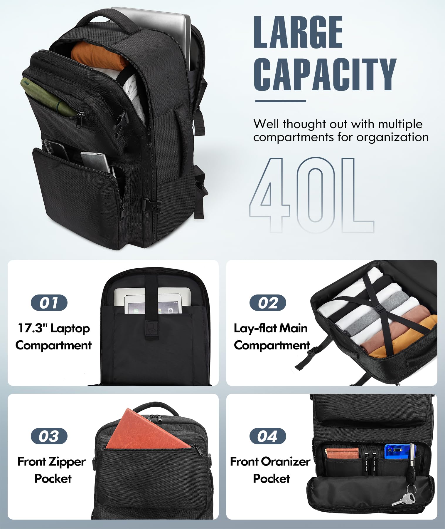 Travel Backpack for Men Women, 40L Large Flight Approved Carry on Backpack, Personal Item Luggage Backpack with 3 Packing Cubes, Water Resistant Weekender Daypack 17 Inch College Laptop Backpack Black