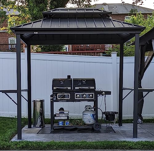 PURPLE LEAF 6' X 8' Hardtop Grill Gazebo for Patio Permanent Aluminum Barbeque Shelter Gazebo Canopy with Ceiling Hook and Shelves Double Tiered Grey Outdoor BBQ Gazebo