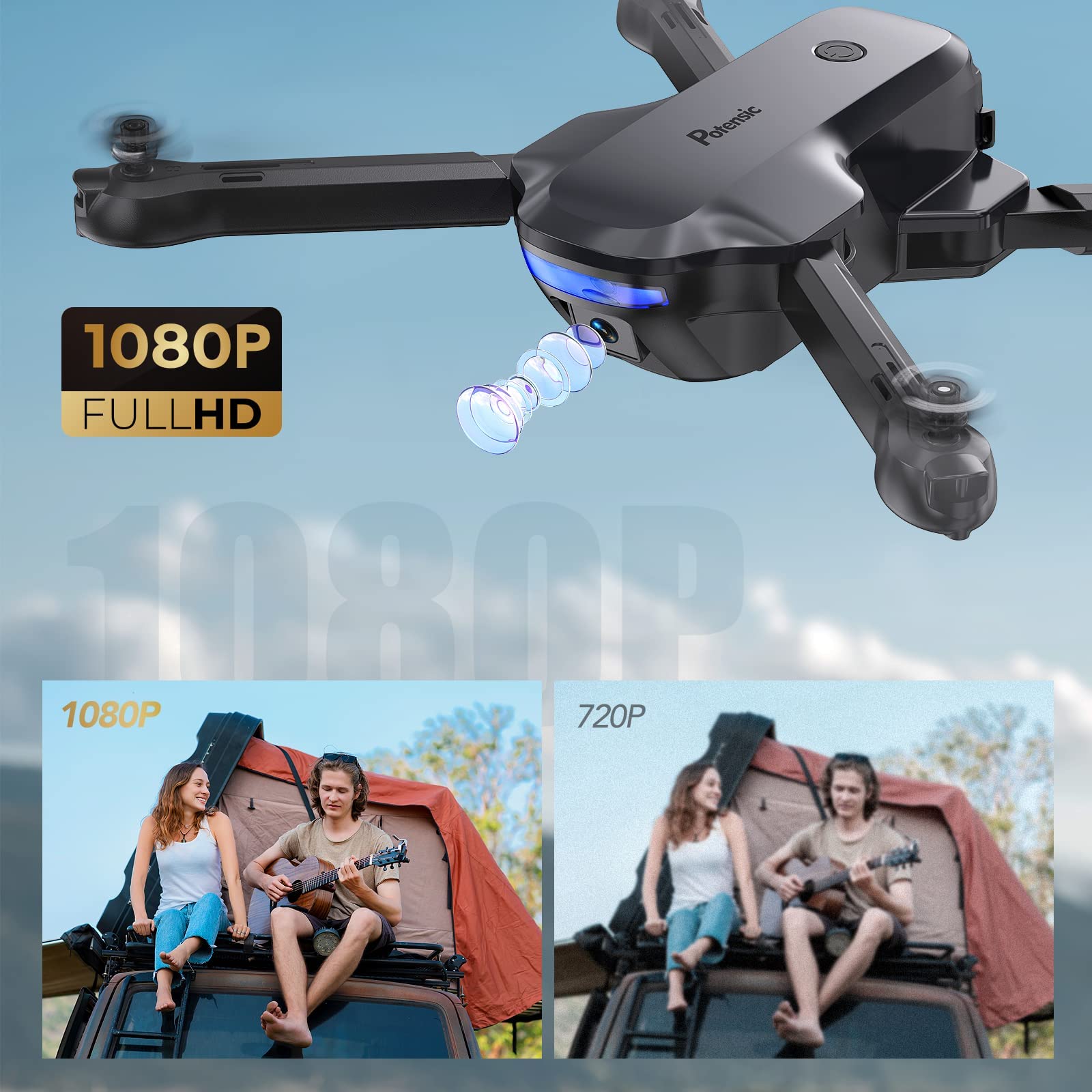 Potensic P4 Foldable Drone with Camera for Adults Beginners, FPV 1080P HD WiFi Remote Control Quadcopter with 40 Mins 2 Batteries, Altitude Hold, Gravity Control, Trajectory Flight, Headless Mode