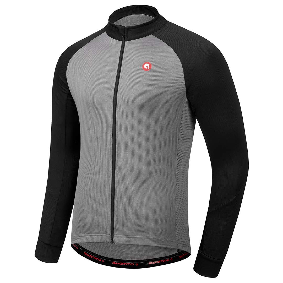 qualidyne Men's Cycling Jersey Long Sleeve Bike Biking Shirts Full Zipper Bicycle Tops with Pockets