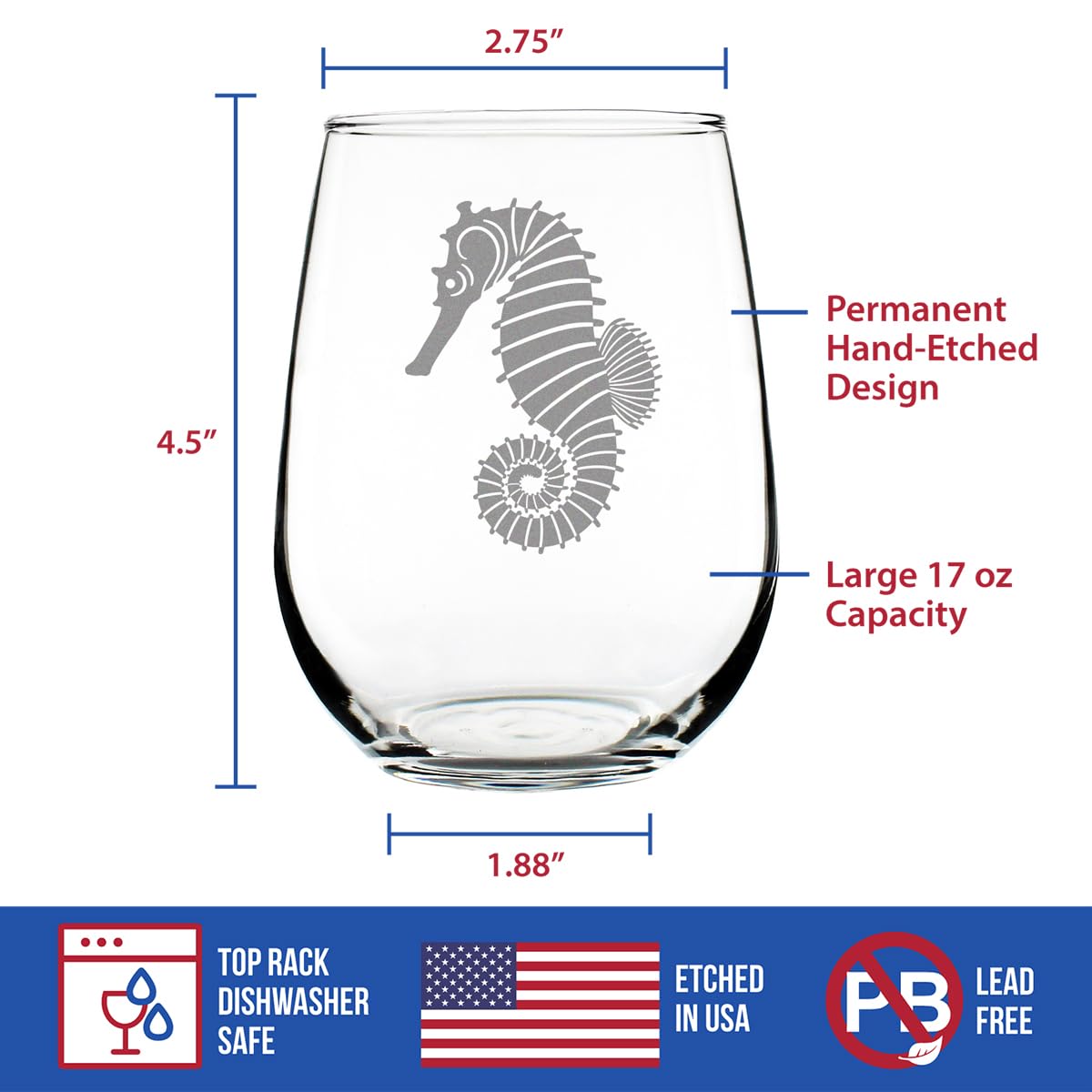 Seahorse Stemless Wine Glass - Unique Beachy Summer Gifts and Beach House Decor - Large 17 Oz Glasses