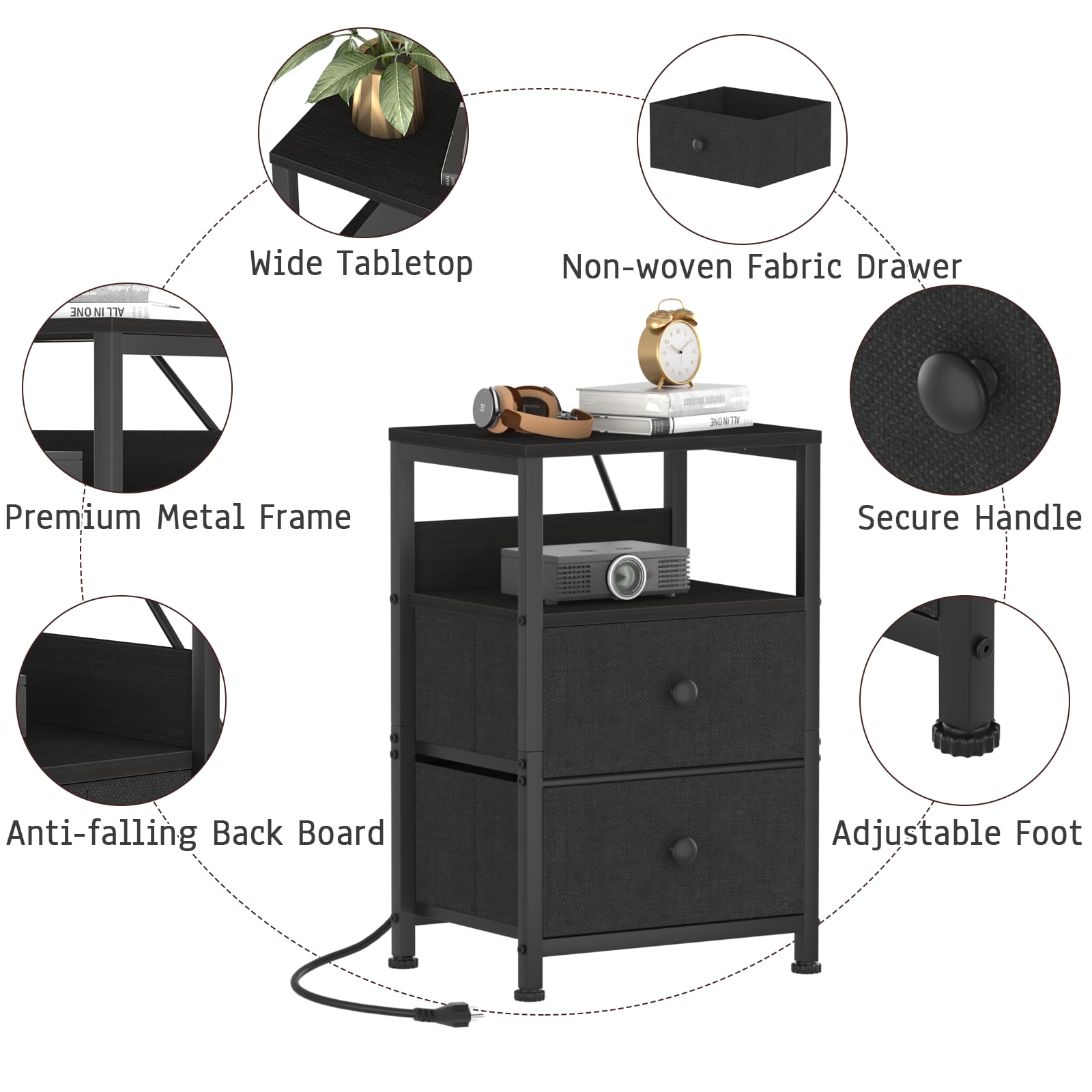 OELUBBY Nightstand with Charging Station & USB Ports, End Table with Fabric Drawers Storage Shelf, Sofa Bed Side Table Night Stand for Bedroom Living Room, Black