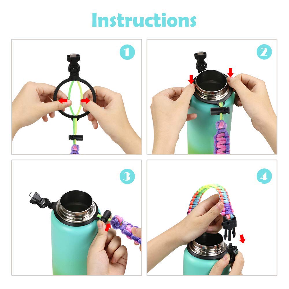 Slo Life Paracord Handle Strap Cord with Safety Ring & Carabiner for Hydro Flask & Other Wide Mouth Water Bottle for Hiking Camping Walking 12-64oz-Rainbow