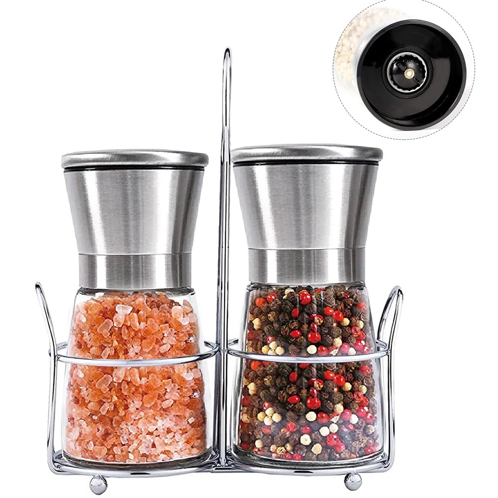 OIULO Salt and Pepper Grinder Set with Steel Base Tray, RefillablePepper Grinder Set - Brushed Stainless Steel - Short Glass Jar with Adjustable Coarseness for Grinding Pepper Grains, Salt or Spices