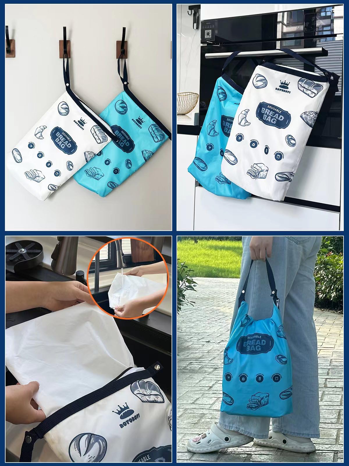 Royoroyi Bread Bags for Homemade Bread,2 Packs Reusable Bread Bag,Freezer Bread Storage Bag,Waterproof Zipper Bread Container to Keep Bread Fresh gift giving (beige, Jewel Blue)