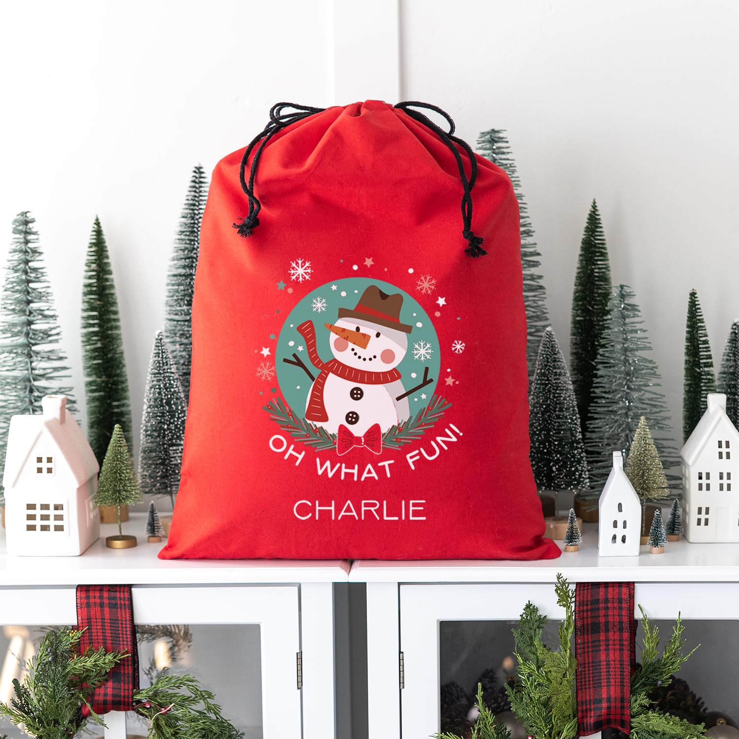 Qualtry Personalized Santa Sack Christmas Bag for Kids Presents (Snowman Design, Red 19.5” x 26”) - Large Cotton Sack with Drawstring - Giant Toy Bag with Name