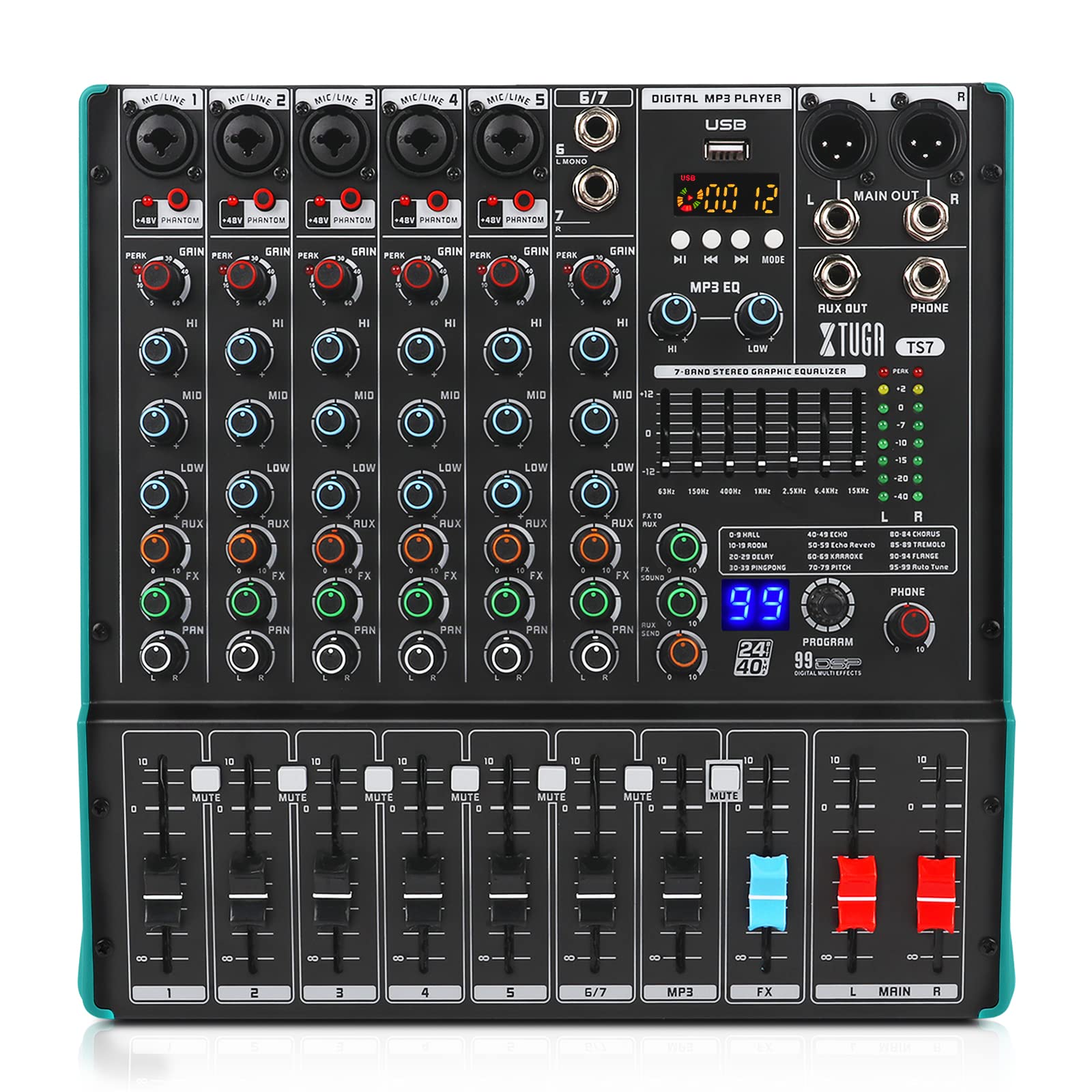 XTUGA TS7 Professional 7 Channel Audio Mixer with 99 DSP Effects,7-band EQ,Independent 48V Phantom Power&Mute Button,Bluetooth Function,USB Interface Recording for Studio/DJ Stage/Party