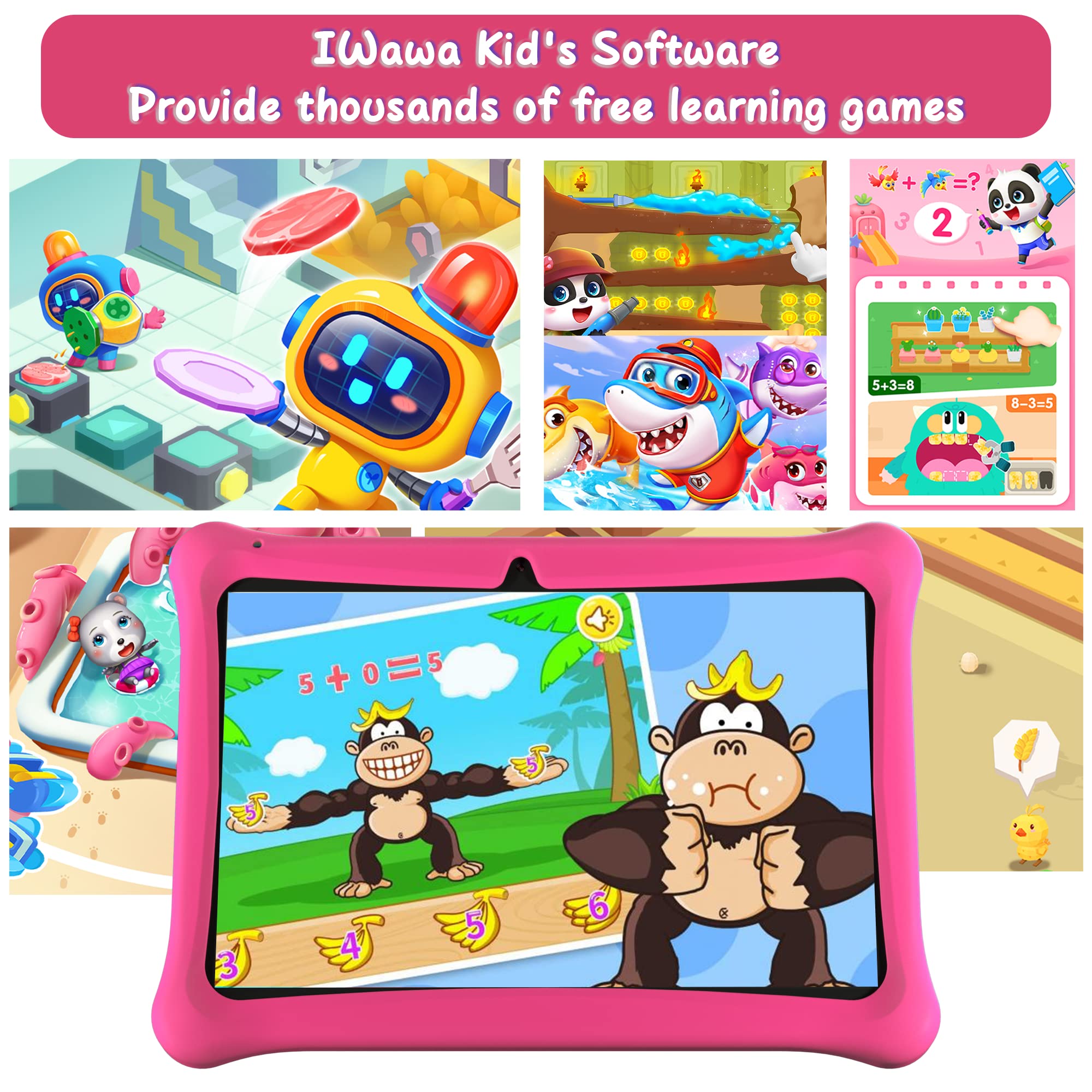 SGIN Tablet for Kids 2GB RAM 64GB ROM, 10 Inch Android 12 Kids Tablet with Case with Parental Control APP, Dual Camera, WiFi, Educational Games,iWawa Pre Installed (Pink)
