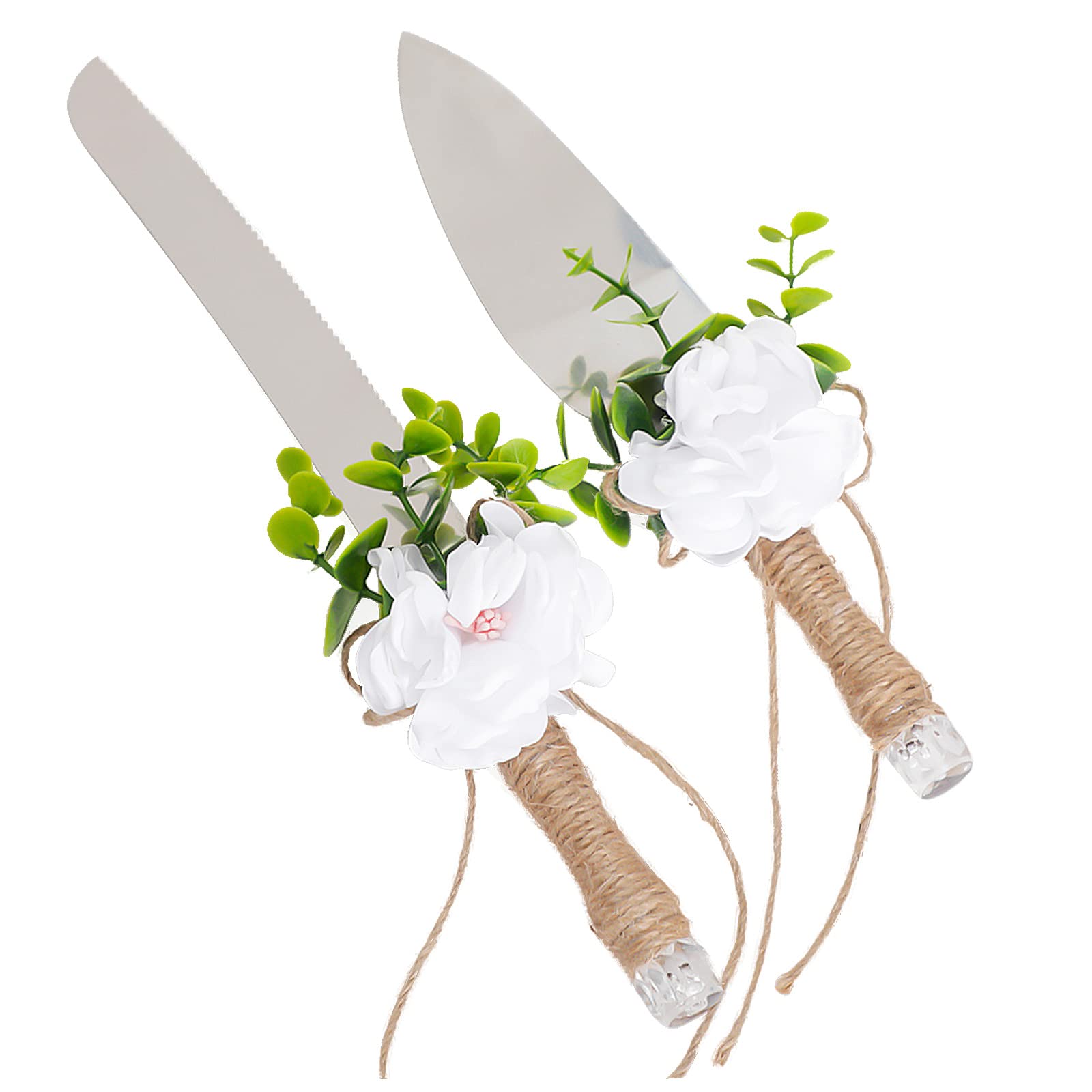 Wedding Cake Knife and Server Set of 2, Rustic Style Stainless Steel Bride and Groom Cake Cutting Utensils with Eucalyptus Leaves and White Roses, Pie Cake Pizza Shovel Cutter, A