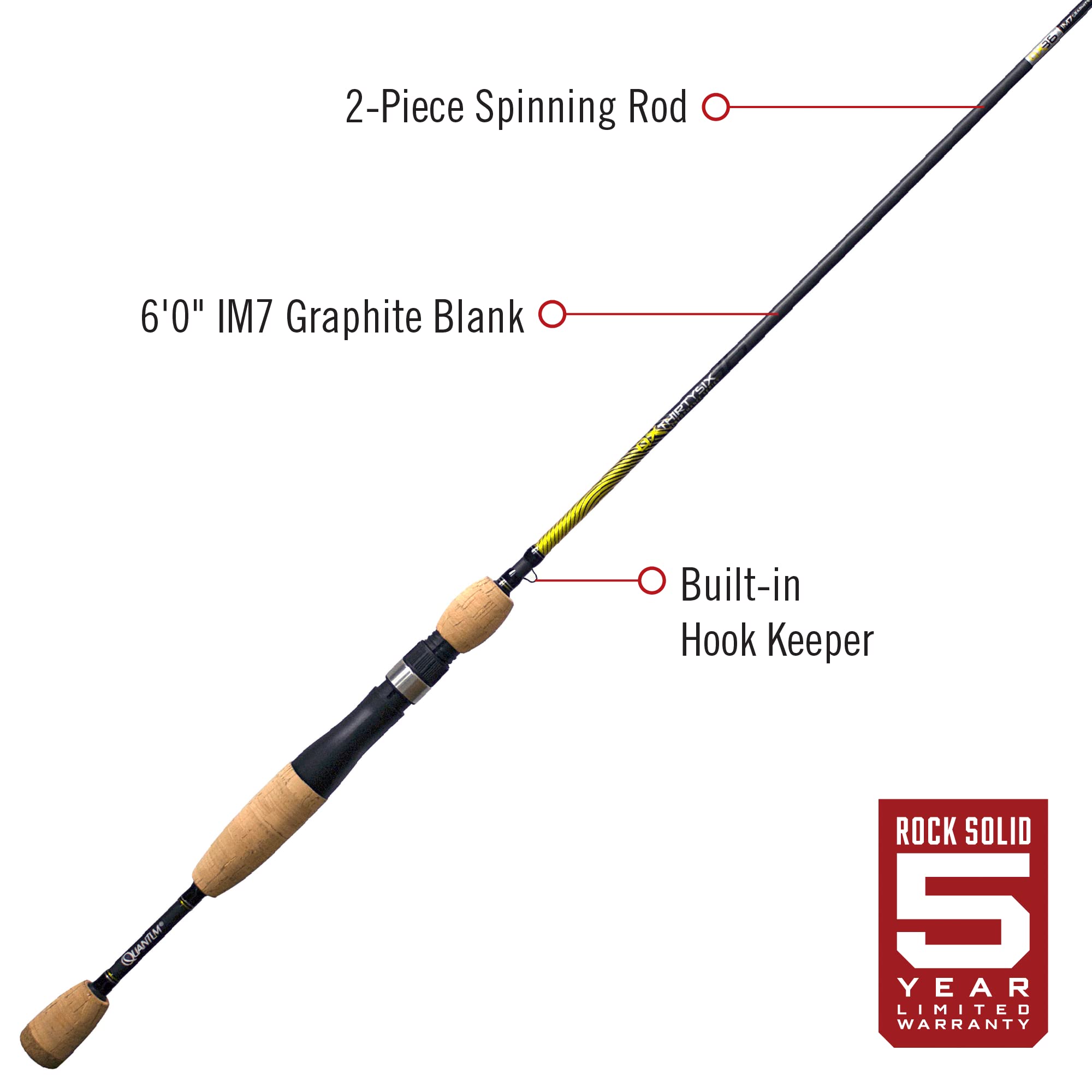 Quantum QX36 Spinning Fishing Rod, 6-Foot 2-Piece IM7 Graphite Fishing Pole, Split-Grip Cork Handle, DynaFlow Aluminum-Oxide Guides, Fast Action, Medium-Light Power, Silver