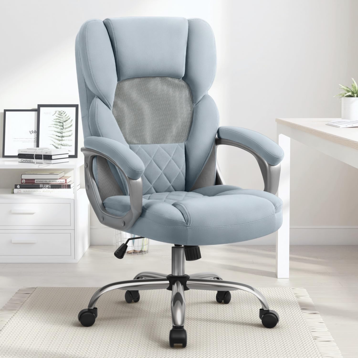 SEATZONE Beige Home Office Desk Chairs with Wheels and Flip-up Armrests,Office Chair Comfortable Ergonomic Velvet Mesh Executive Computer Chairs for Adults and Teens