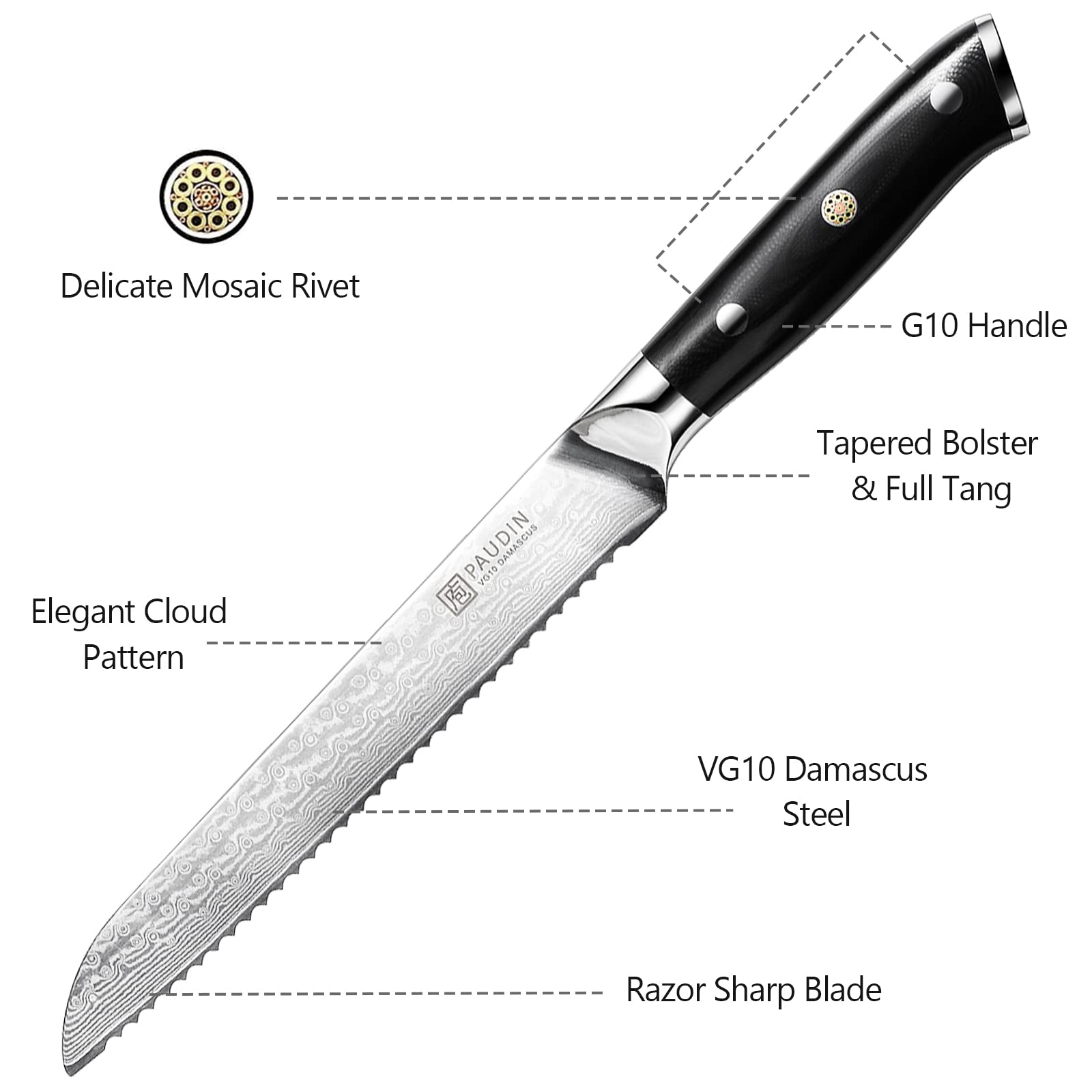 PAUDIN Bread Knife Serrated Damascus Bread Knife 8 inch,Super Sharp Edge and 67-Layer Forged Blade, Professional Bread Knife with Full Tang Ergonomic Micarta Handle, VG-10 Cake Knife for Toast