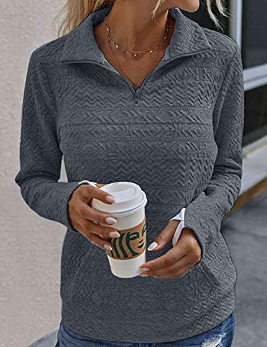 SEBOWEL Women Zipper Pullover Sweatshirt Plain Long Sleeve Quilted Blouse Shirts Lightweight Pullover Jacket, Dark Gray, M