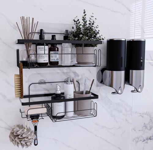 Shower Caddy Bathroom Organizer with Wall Mounted Bathroom Shower Pump Dispenser, Rustproof Stainless Steel Bathroom Shower Shelf, Shampoo and Soap Dispensers for Kitchen Bathroom Hotel, Black