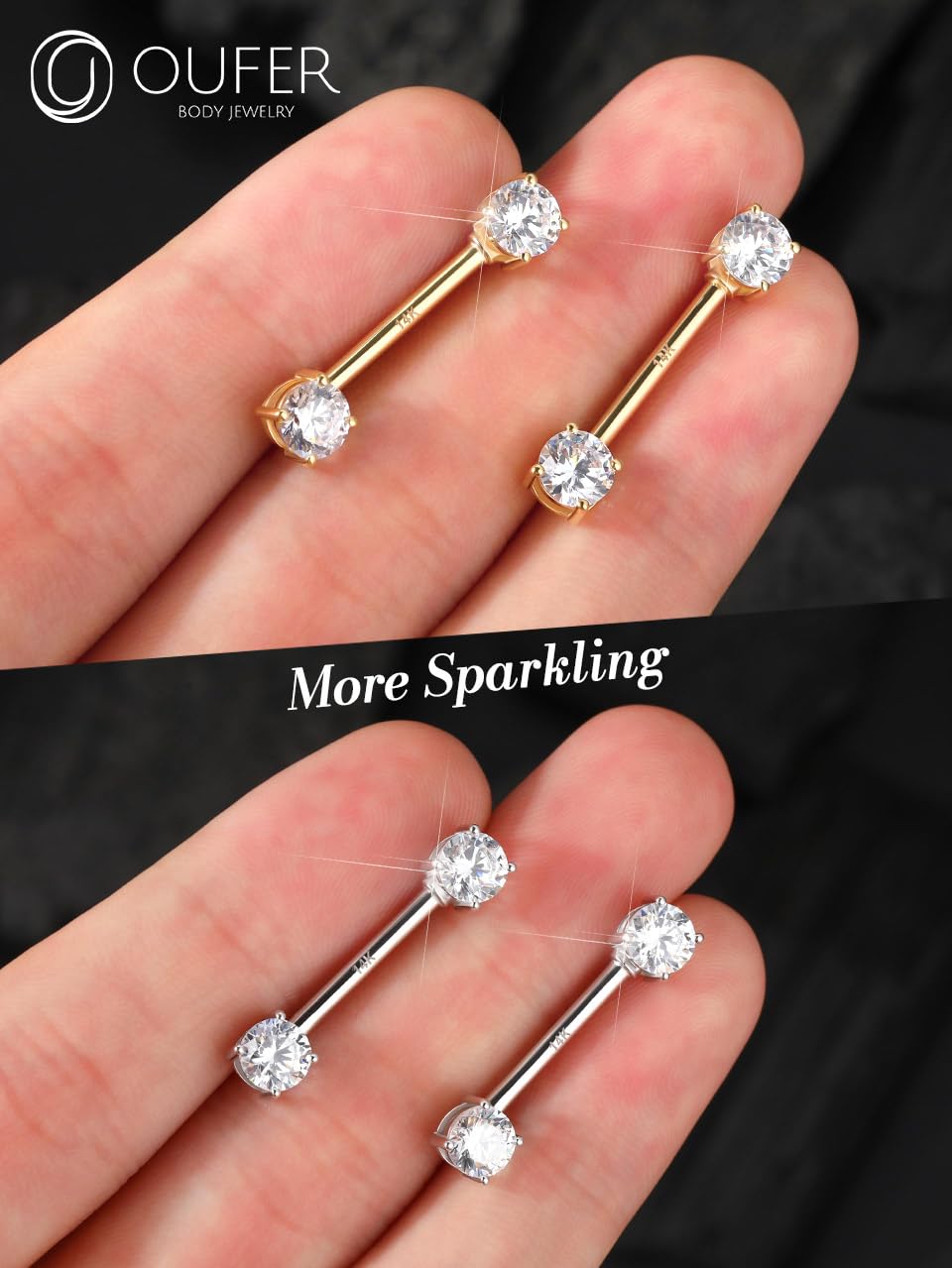 OUFER 2PCS Nipple Rings, 14K Solid Gold Nipple Piercing Jewelry, Clear CZ Nipple Piercing, 14G Nipple Barbells, Nipple Rings For Women Men