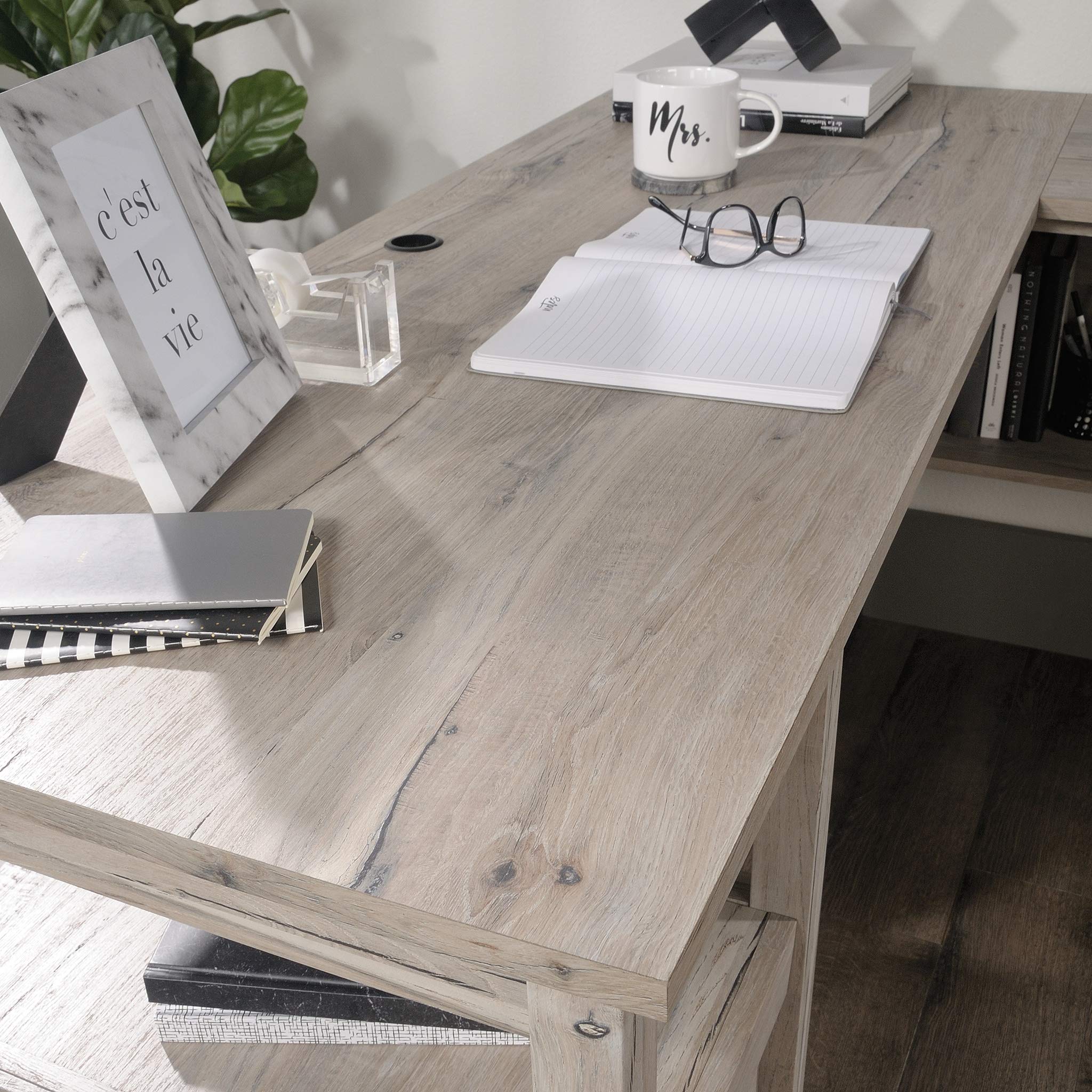 Sauder Linden Market L-Desk, L: 59.055" x W: 59.055" x H: 30.039", Split Oak Finish