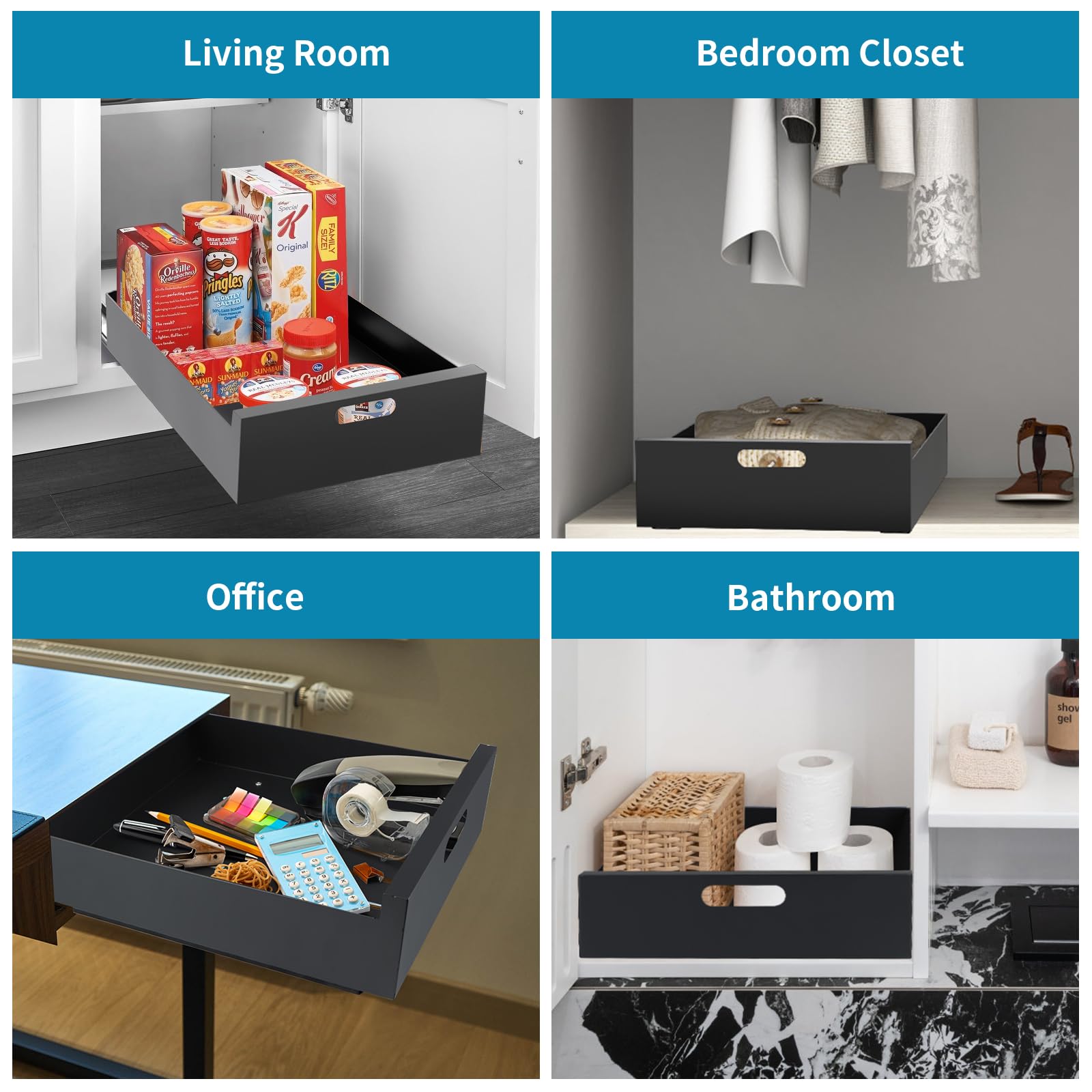 Sanbege Pull Out Cabinet Organizer Self Adhesive, Heavy Duty Metal Sliding Drawer, 16.9" D x 11.8" W x 3.7" H Slide Out Pantry Shelf for Kitchen, Bathroom, Bedroom, Living Room, Garage, Office (Black)
