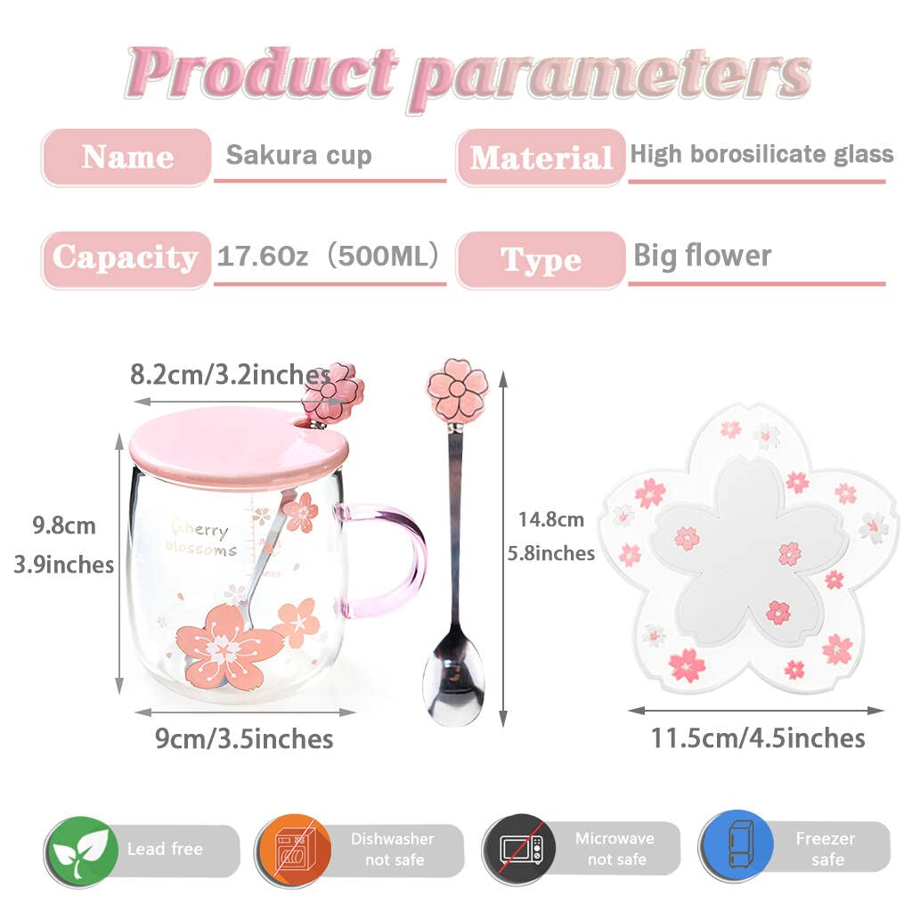 ZRAGEK Sakura Mug Creative Sakura Cup Coaster, Office Drinking Cup with Scale, Cute Heat Resistant Glass Mug with Lid Spoon, 17.6 oz Large Capacity(Big flower,17.6Oz)