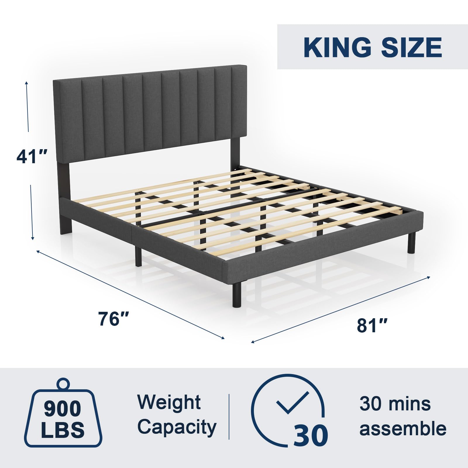 Molblly King Size Bed Frame Upholstered Platform with Headboard and Strong Wooden Slats,Mattress Foundation,Non-Slip,No Box Spring Needed, Easy Assembly,Dark Gray