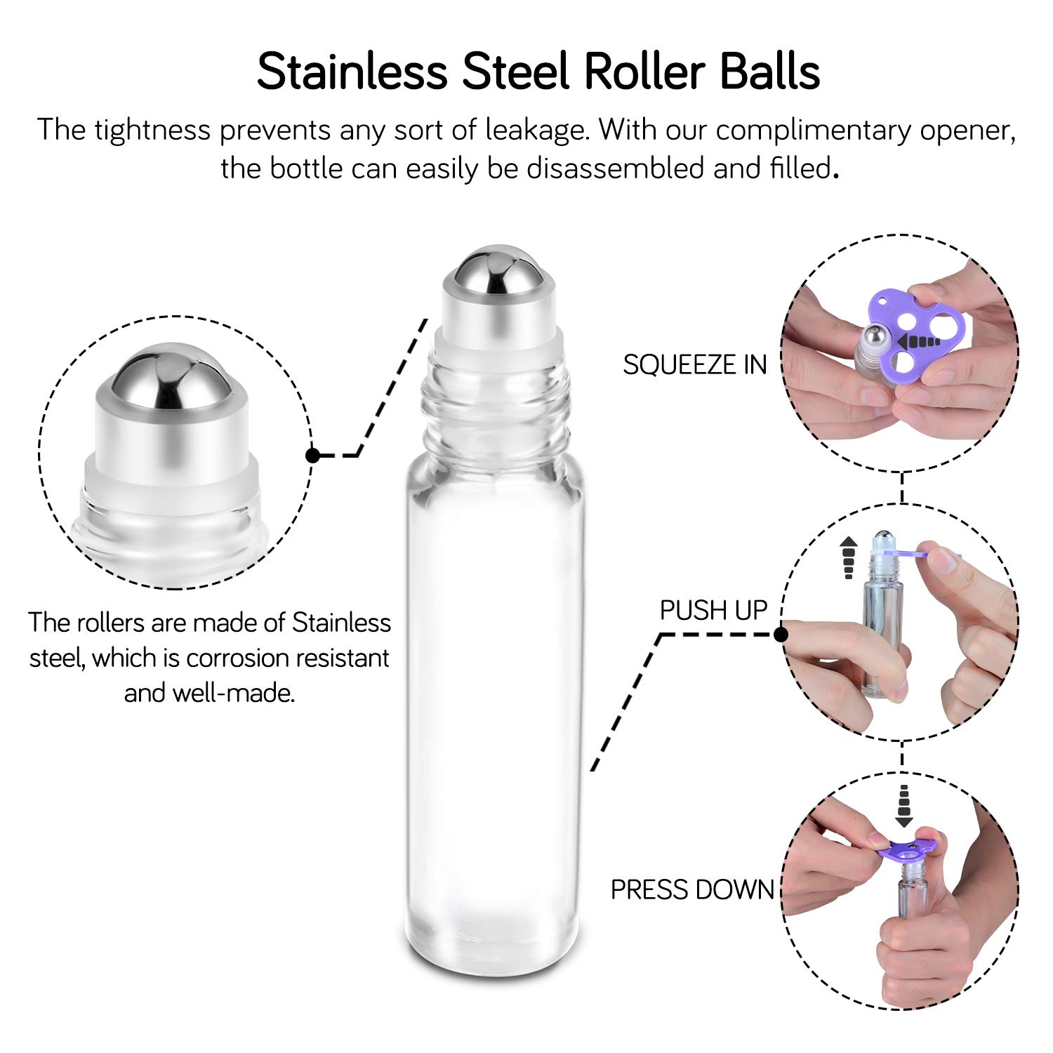 PrettyCare Essential Oil Roller Bottles 10ml (24 Pack Clear Glass Bottle with Gold Cap, 4 Extra Roller Balls,48 Labels, 2 Openers, 2 Funnels Roller Balls For Essential Oils, Roll on Bottles