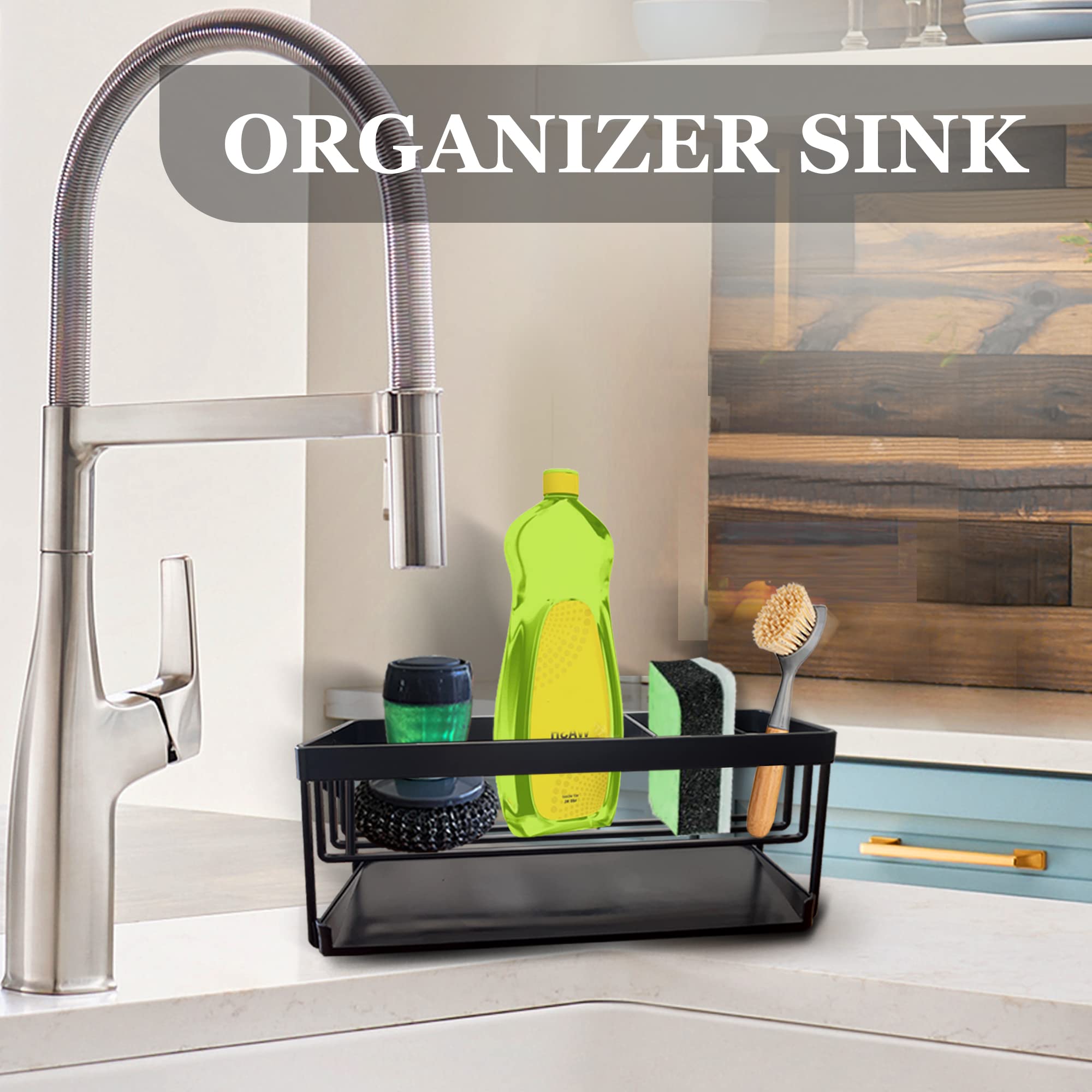 Sink Caddy Organizer with Steel Wool Brush Included, Sponge Organizer for Kitchen Sink, Dish Soap and Sponge Holder for Kitchen Sink, Kitchen Sponge Organizer with Auto Drain Train