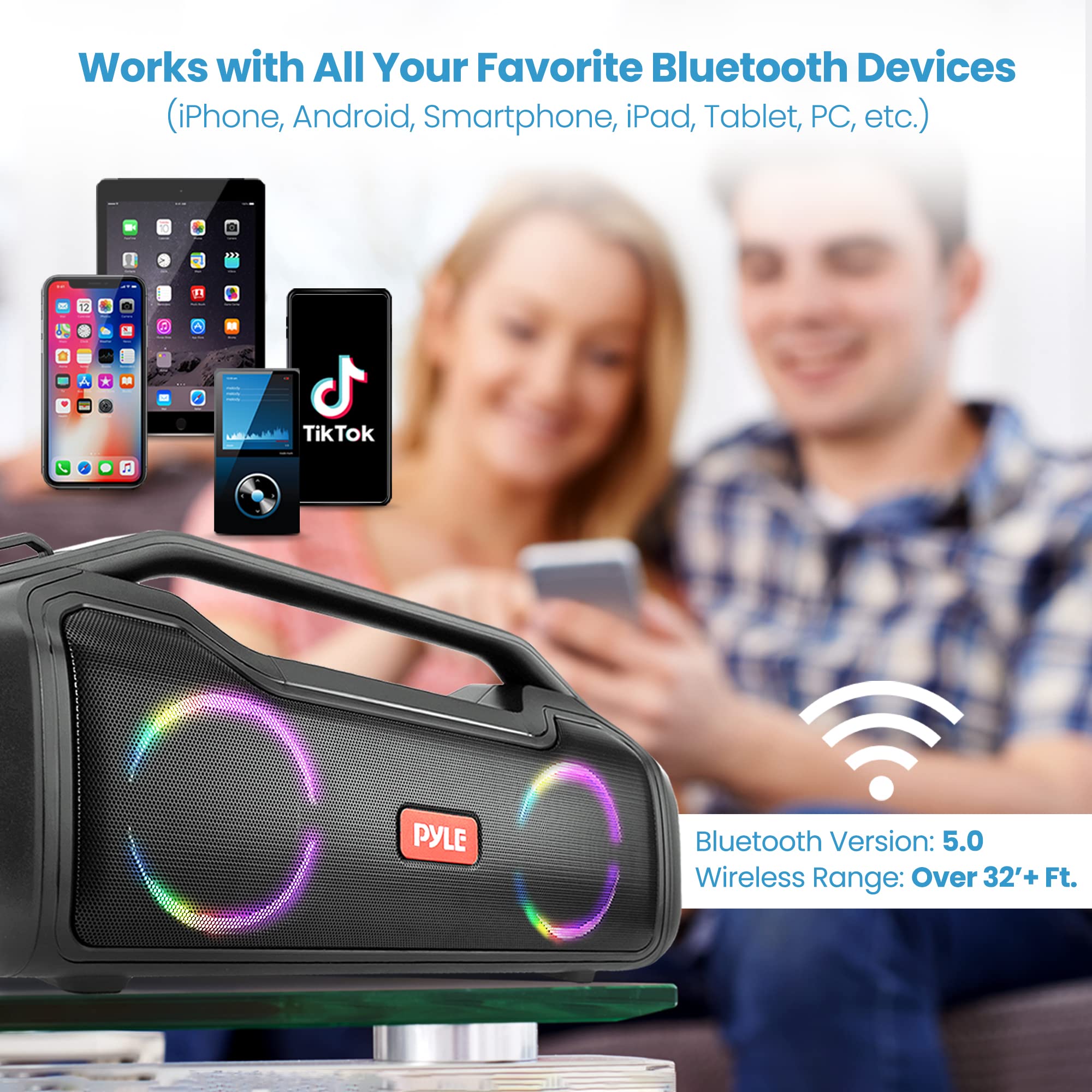 Pyle Wireless Portable Bluetooth Boombox Speaker - 40W 2Ch Waterproof Rechargeable Speaker Loud Stereo System w/ Google Assistant / Siri Voice Control, TWS Function, Micro SD, RGB Lights - PBMKRG155