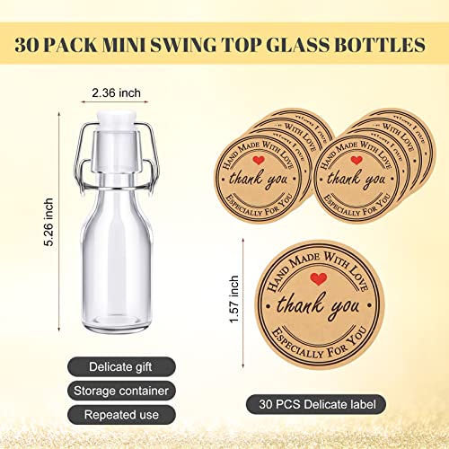 ZSMKJIAYE 30 PCS Mini Flip Top Glass Bottle with Stoppers Decorative Swing Top Bottles Small Glass Bottles with Lids Kraft Adhesive Round Stickers for Wedding Themed Party (4OZ/120 ml)