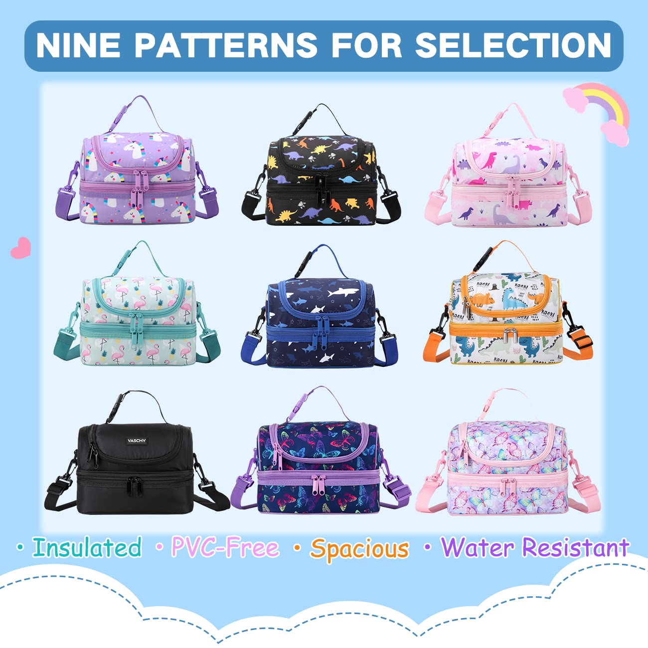 VASCHY Lunch Box Bag Kids, Insulated Two Compartments Cooler Bags for Boys Girls w Shoulder Strap for School,Daycare,Kindergarten,Picnic Shark