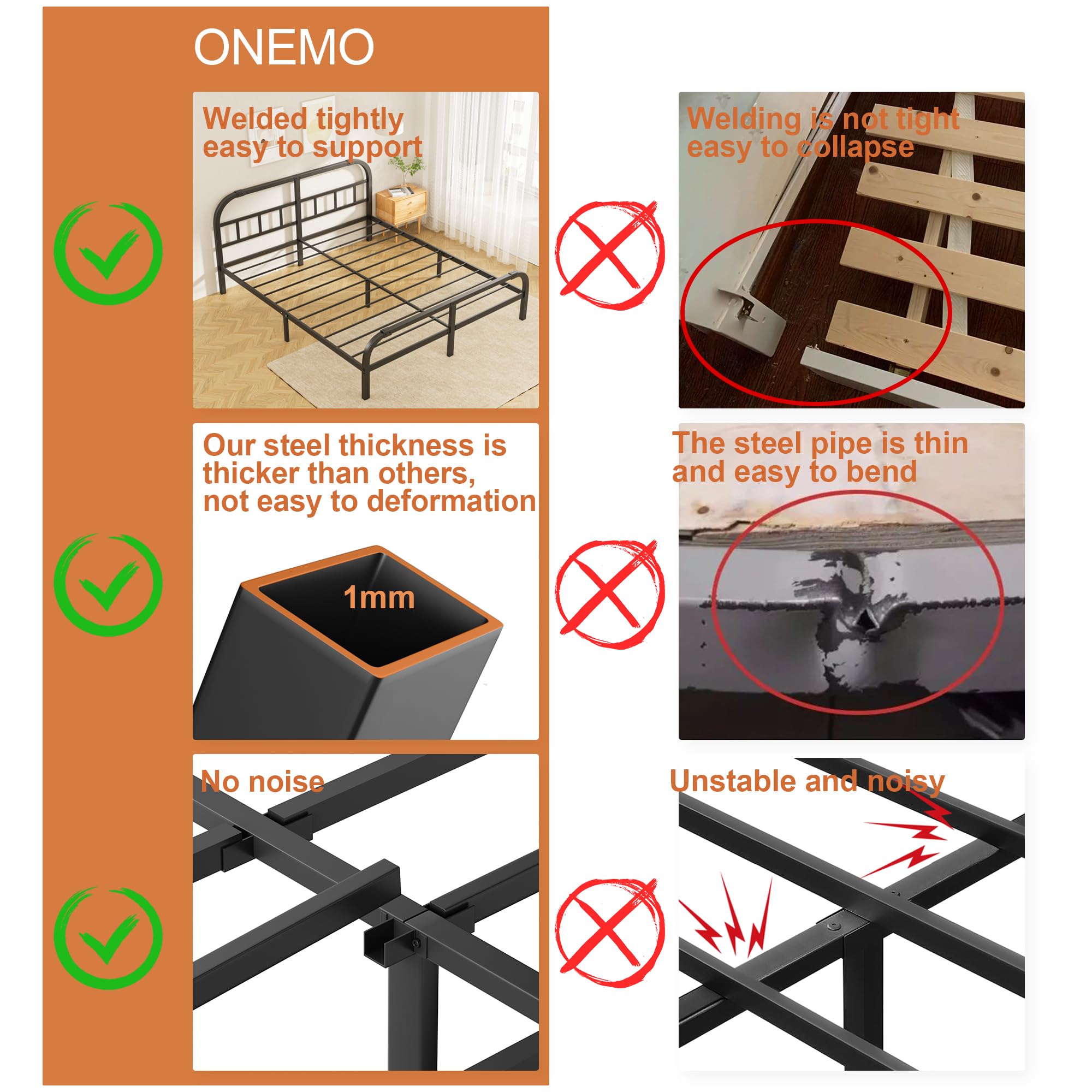 ONEMO 14 Inch King Bed Frame with Headboard and Footboard Metal Platform Bed Frames Heavy Duty Mattress Foundation Quiet and Anti-Slip No Box Spring Needed Black
