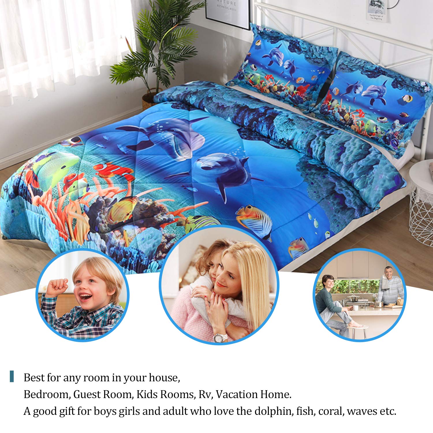 Qucover Dolphin Comforter Set Twin Size 3-Piece Blue Ocean Sea Animall Tropical Fish Comforter Set with 2 Pillowcases for Teen Boys, Twin 59x79 Inches