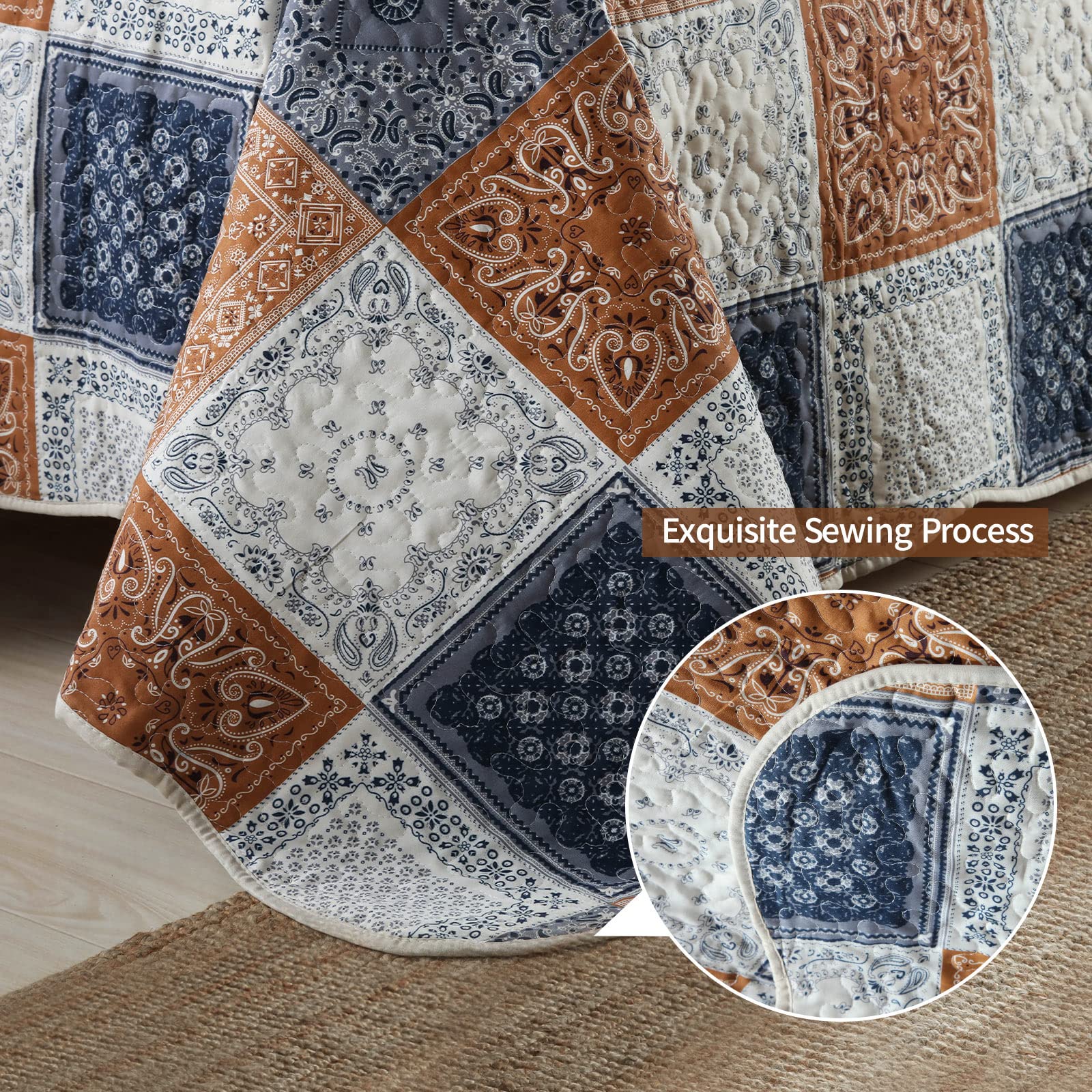 Qucover Quilts Queen Size 3-Piece Microfiber Polyester Reversible Brown Grey and Blue Patchwork Quilt with Shams, Lightweight Bedspreads Coverlet for Queen Beds, 90x98 Inch